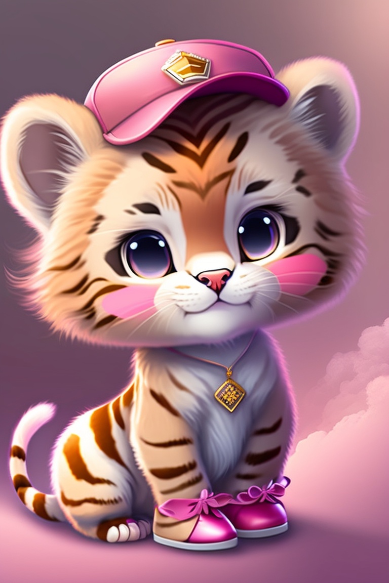 Lexica - Baby tiger cartoon girl, cute, 2D, with pink bow