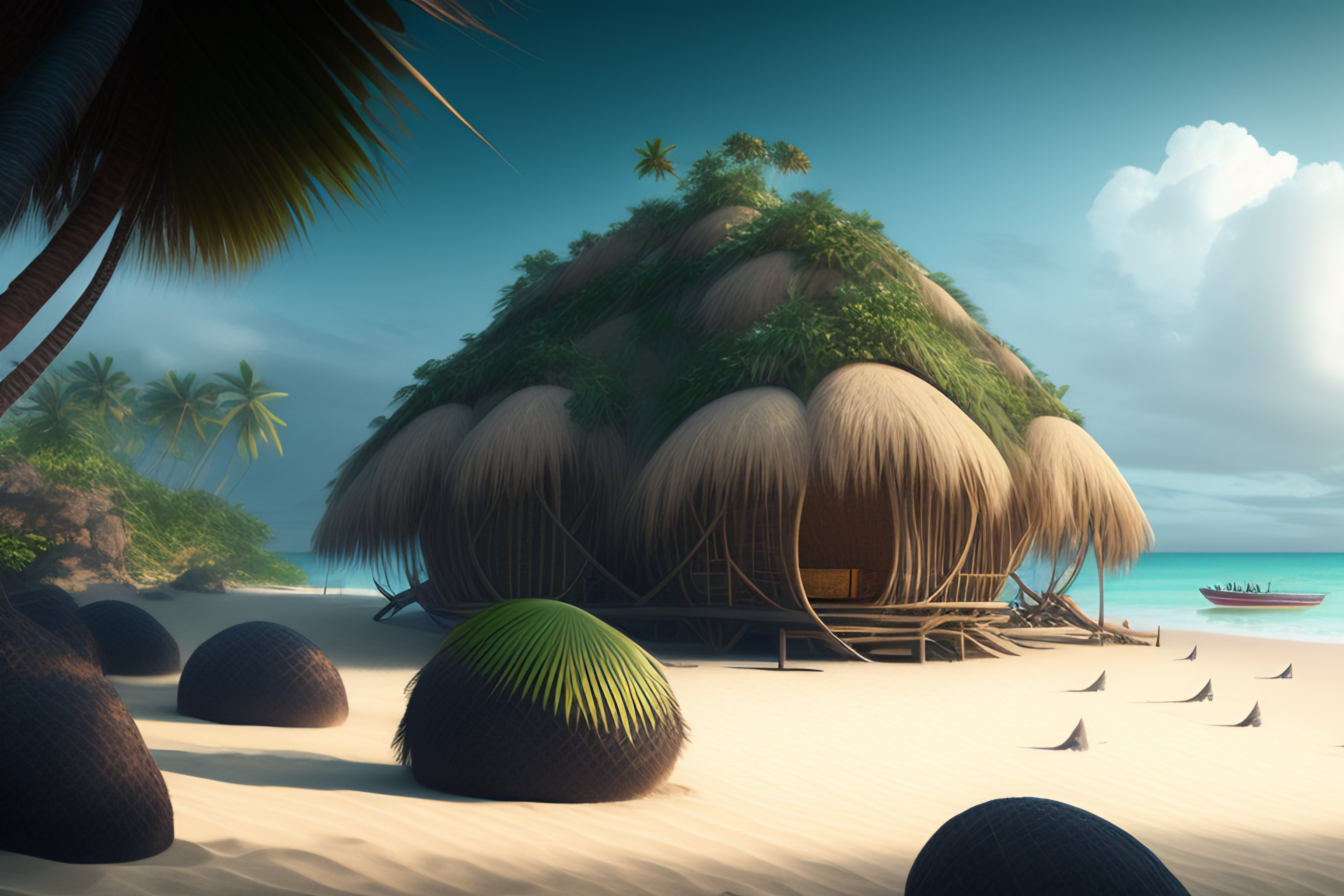Lexica - Giant hut bamboo on tropical island beach yucca giant shells ...