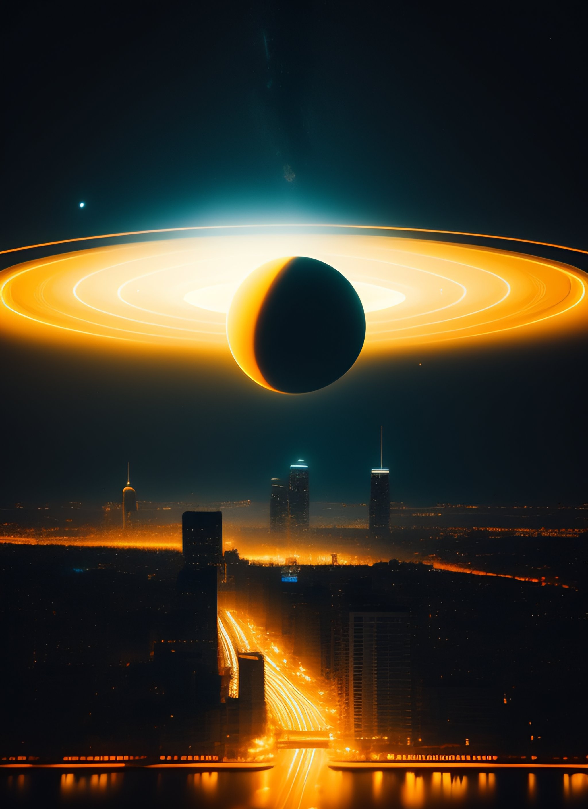 Lexica - Saturn in the sky, yellow lights, cyber punk, destroyed city ...