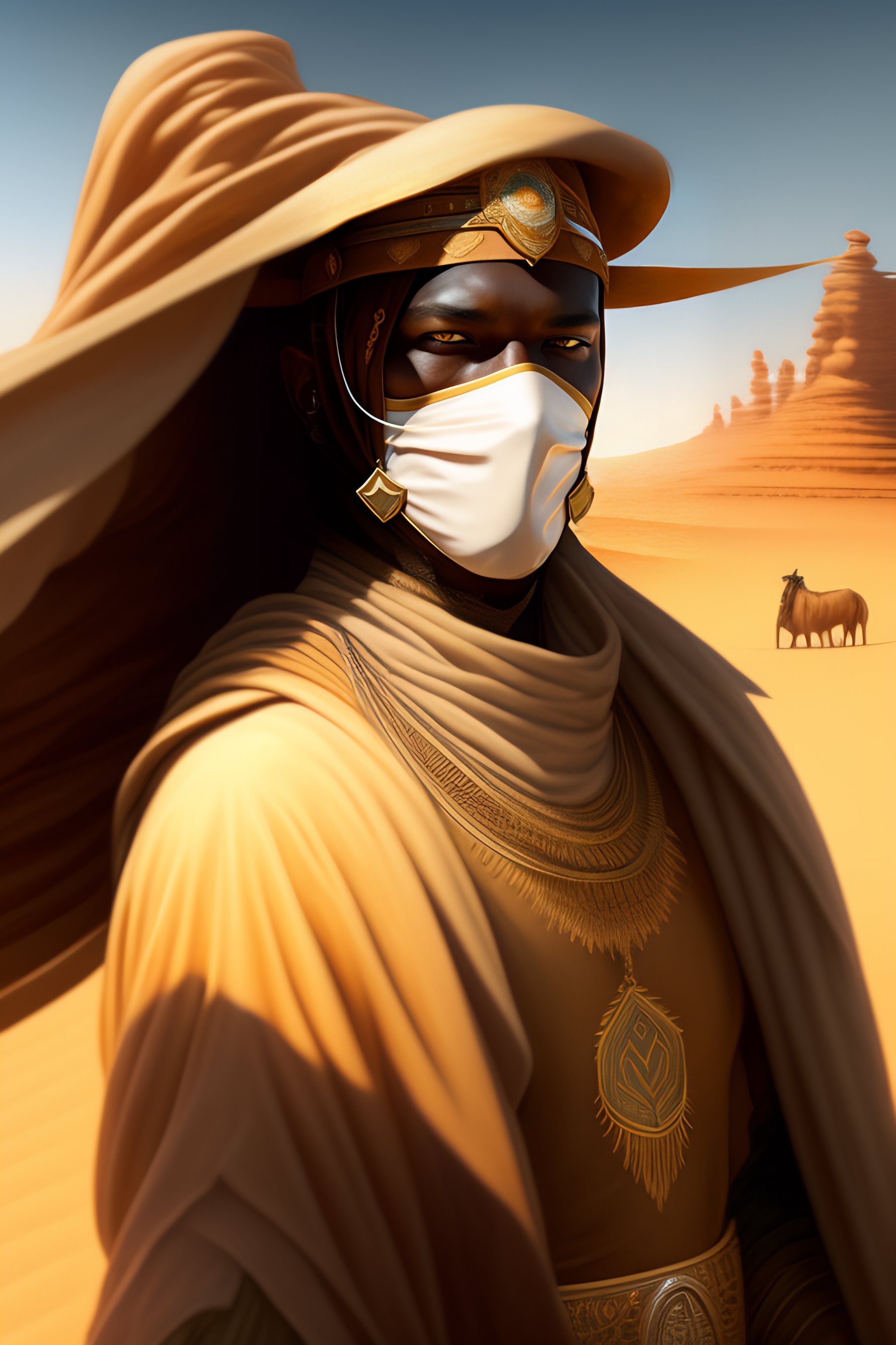 Lexica - Drawing of a Masked Man in Dusty Clothes with a Sharp Gaze in ...