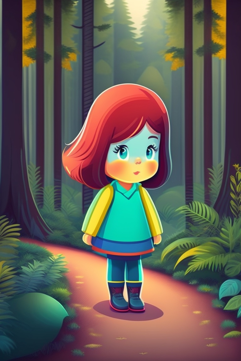 Lexica - Little girl walking scared in the forest, cartoon-style.