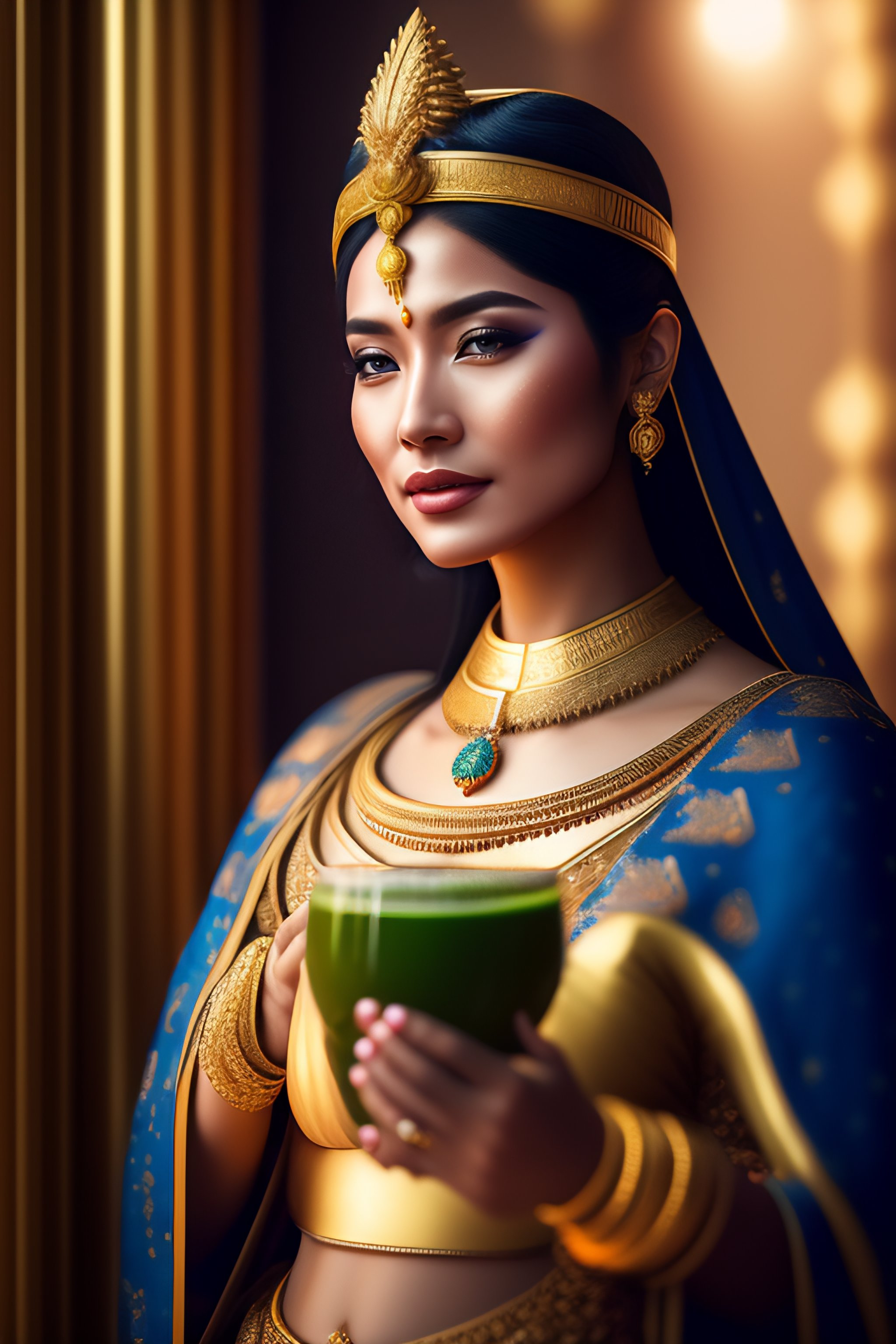 Lexica - ATHENA , goddess with golden skin with blue adornments, drinking a matcha from a matcha ...