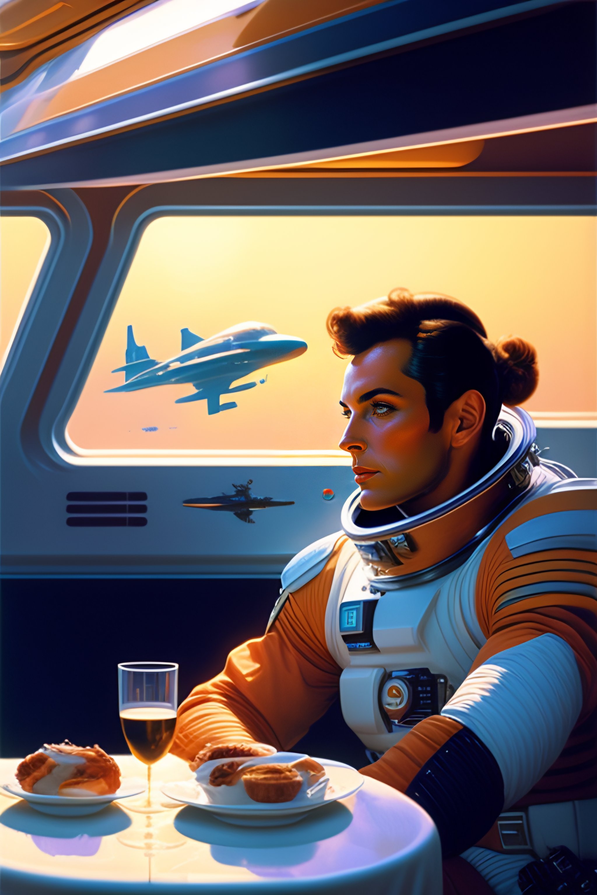 Lexica - "Starship captain having breakfast in space, large wide ...
