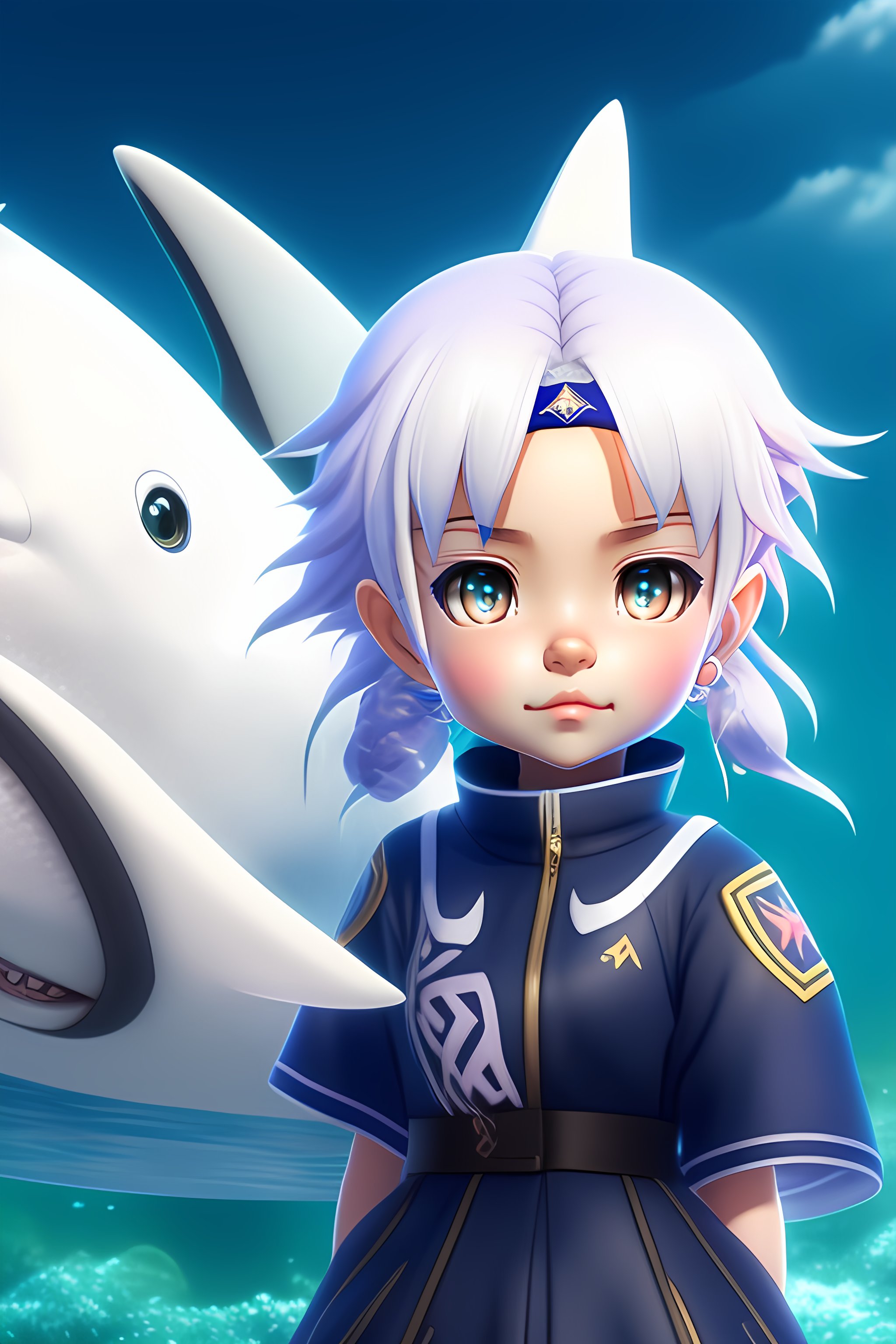Lexica - A girl, anya anime style, with white hair, wearing a shark ...