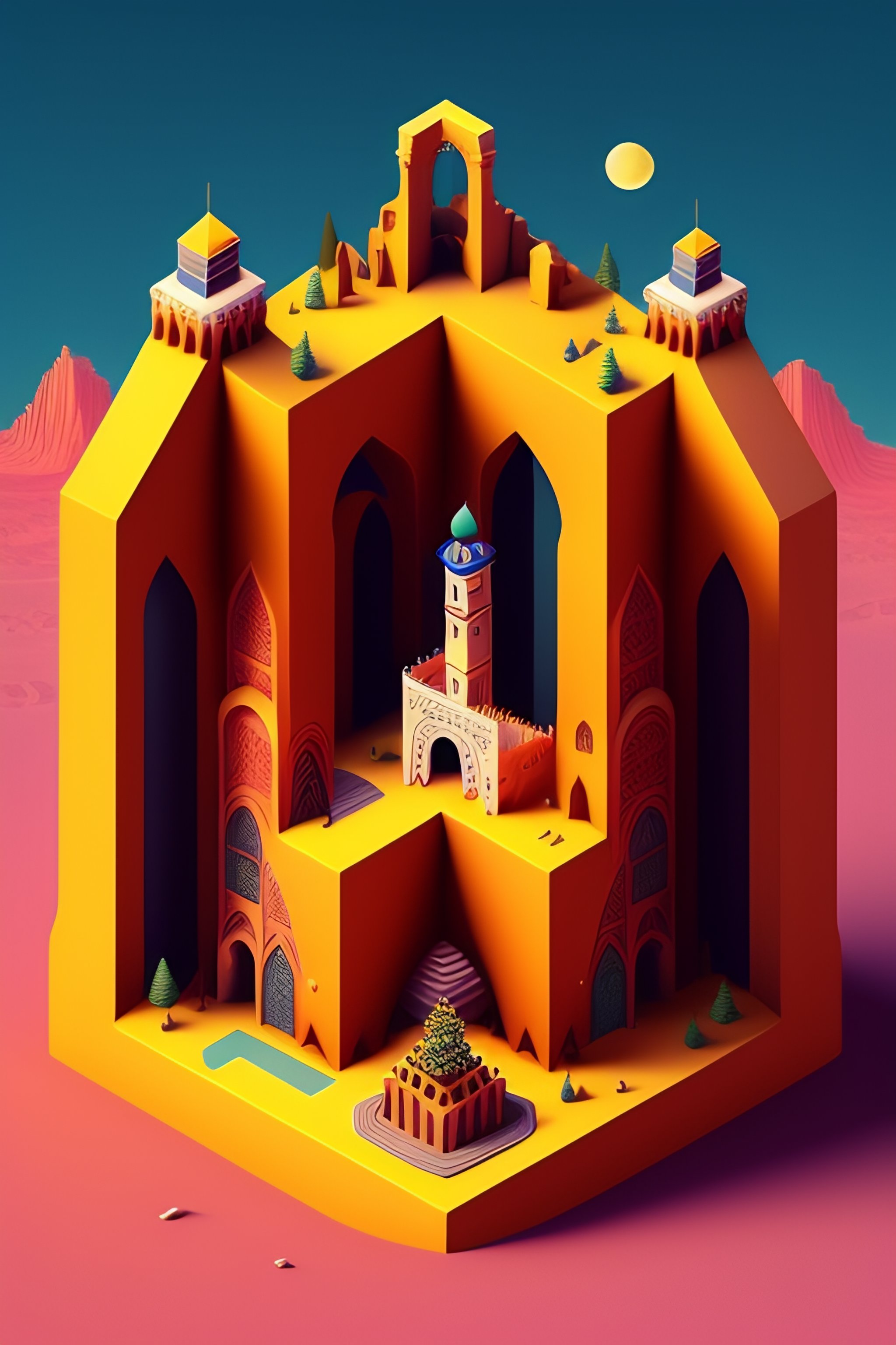 Lexica - Isometric monument valley, wes anderson