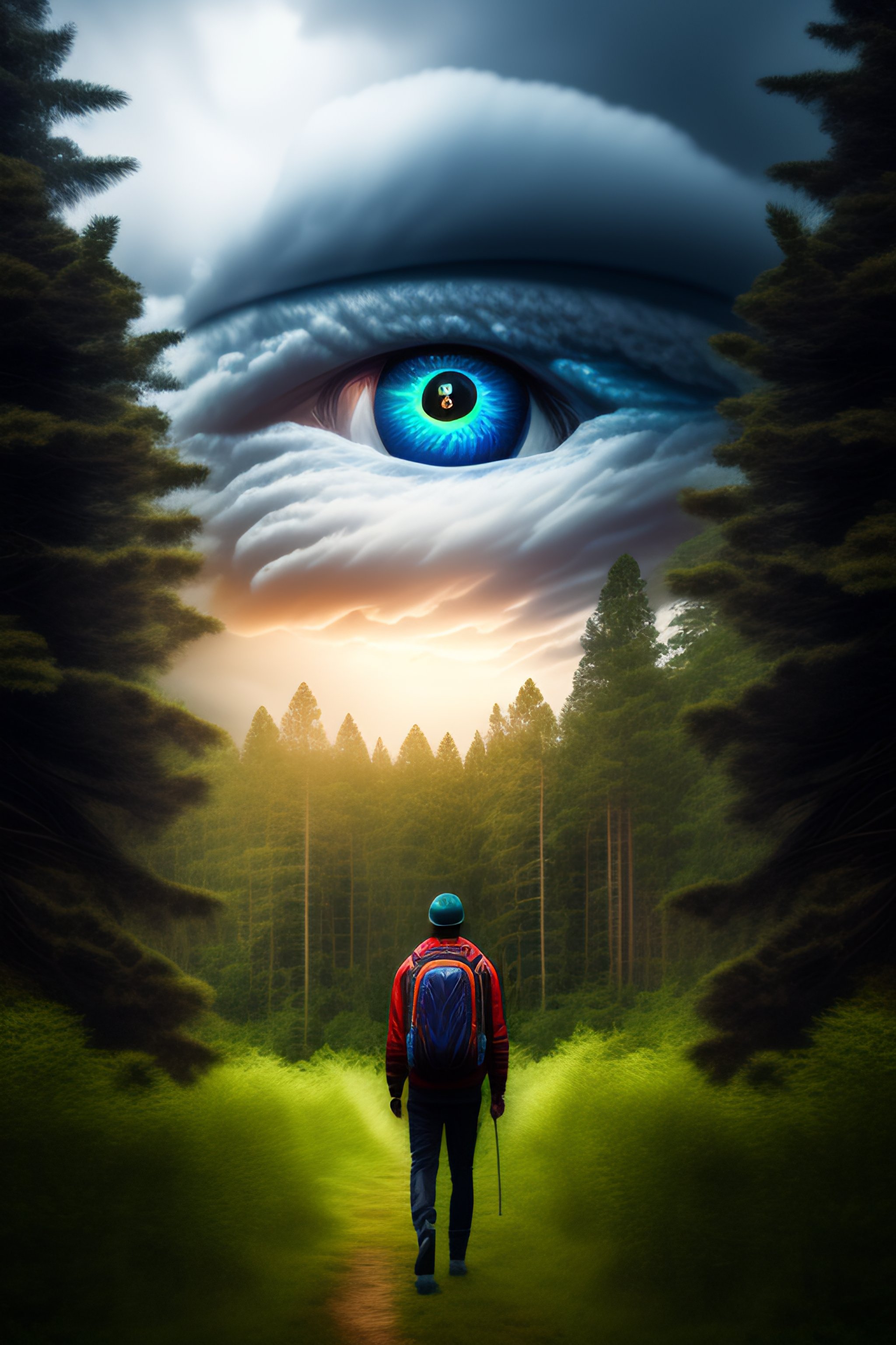 Lexica - A monster evil eye looking down in the stormy sky, viewed from ...