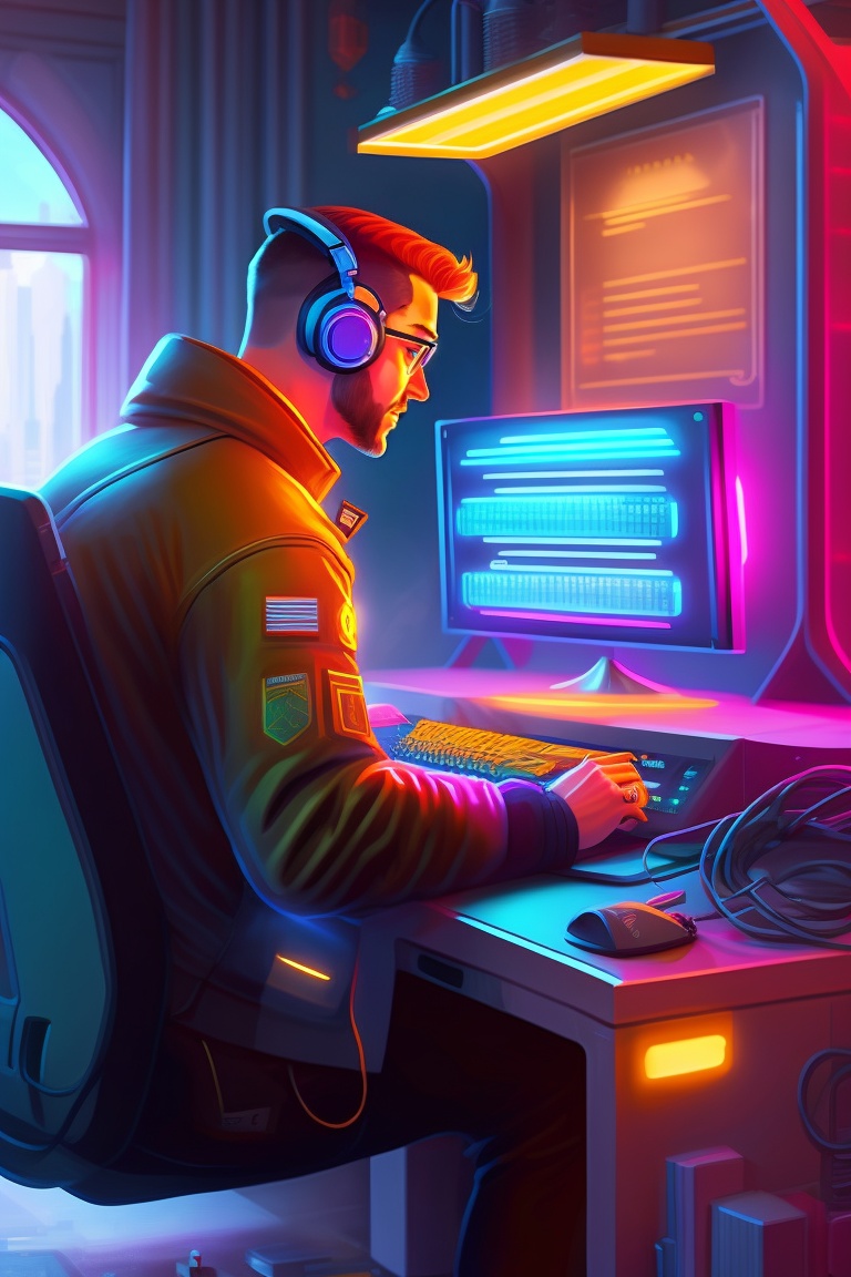 Lexica - A vibrant artstation illustration of a tech savy man typing ...