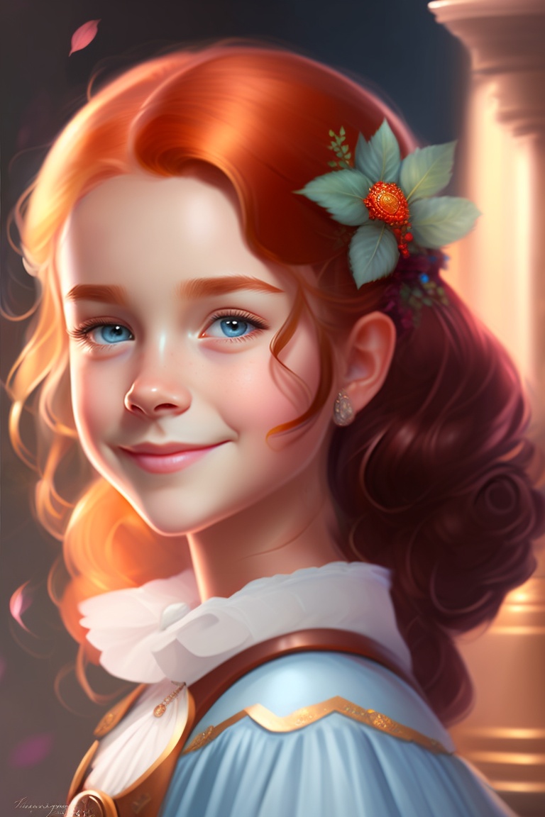 Lexica - A 10 years old red haired princess smiling wearing a dress, d ...