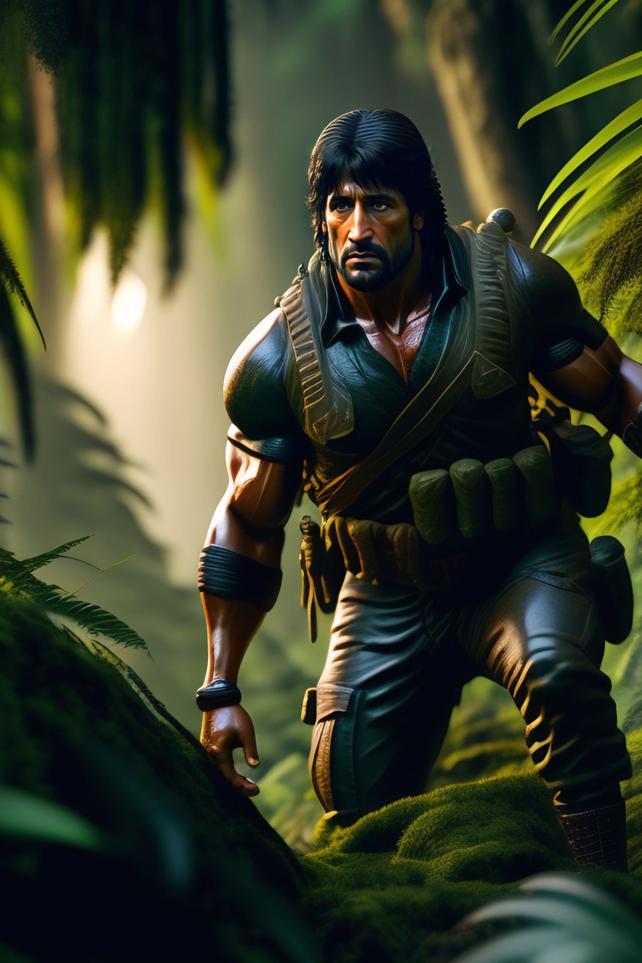 Lexica - Action shot of john rambo in a jungle, cinematic lighting ...