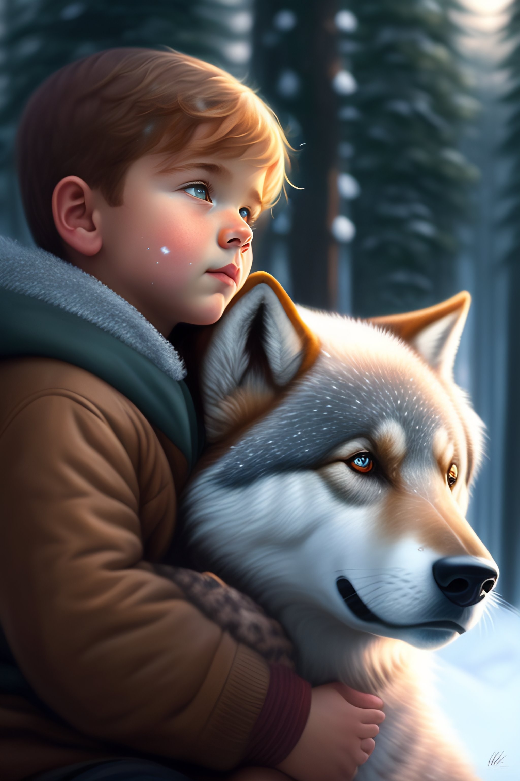 Lexica - A cinematic portrait of a little boy cuddling with a big wolf ...