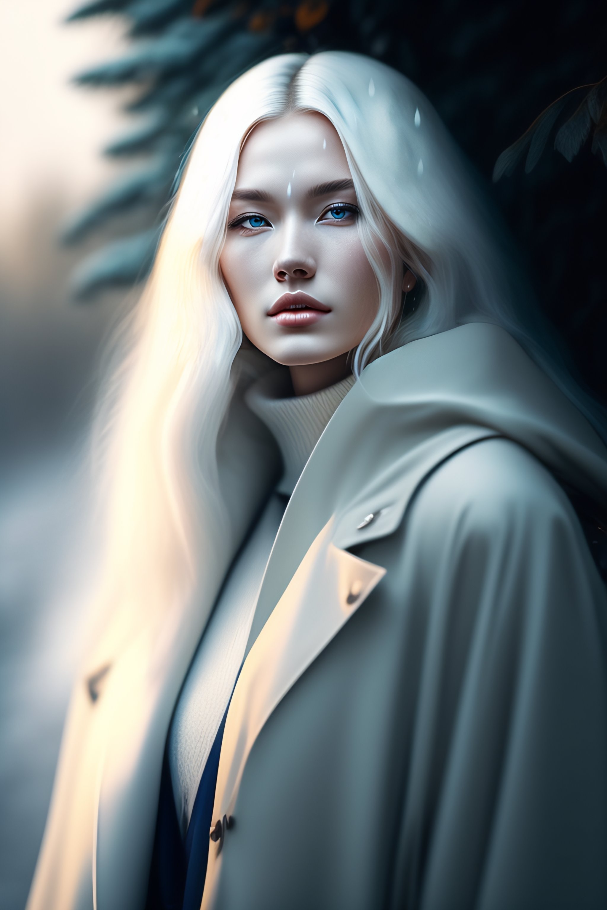 Lexica - Gloomy elegant white-haired in a raincoat a lot of details ...