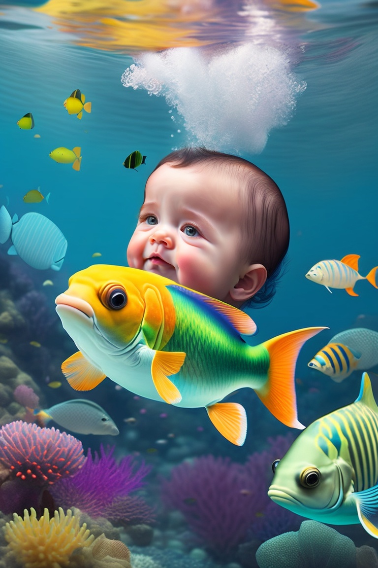 Lexica - A baby diving in a sea,full of colour fish hyper realistic