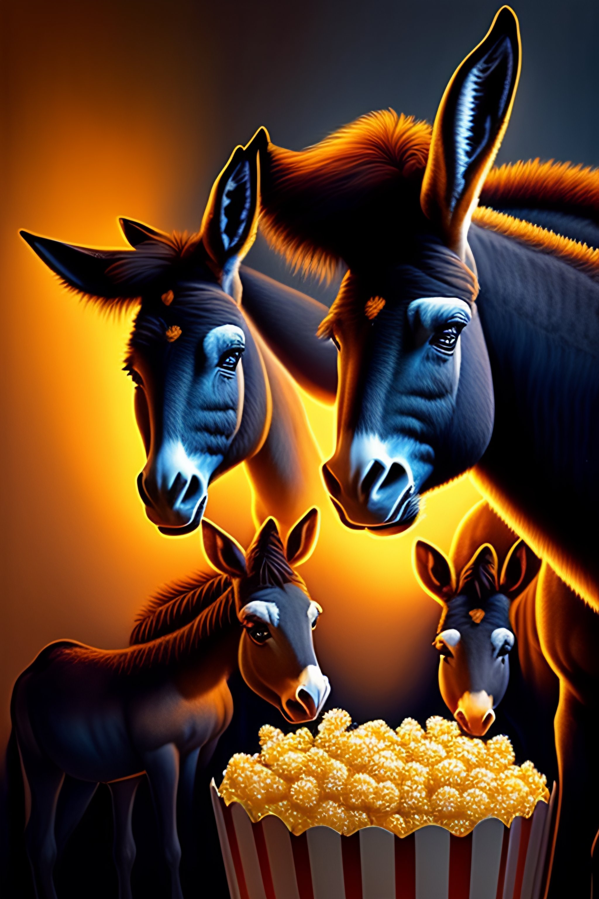 Lexica - A row of ((happy)) donkeys eating popcorn with fascination and ...
