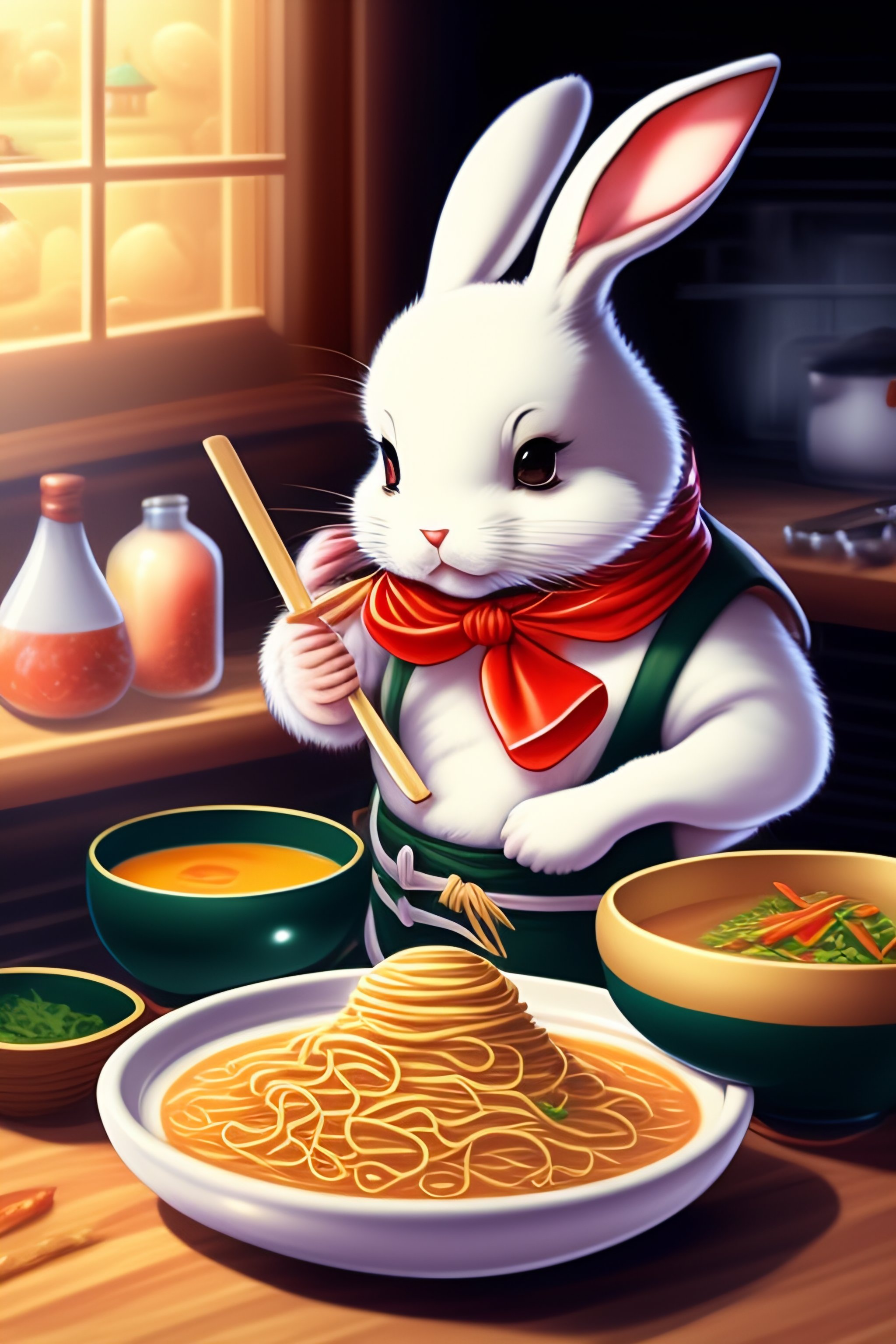 Lexica - Bunny chef making ramen, manga style, surreal