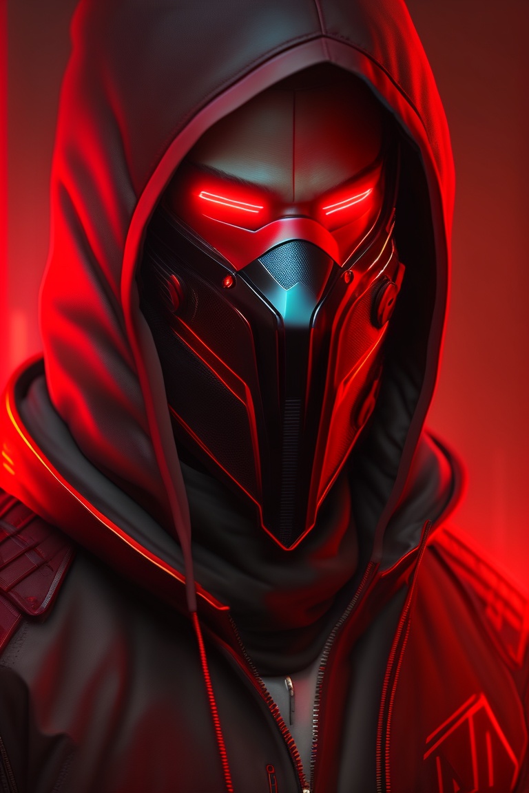 Lexica - Male character, hooded, cyberpunk, red neon, mask, dark, red ...