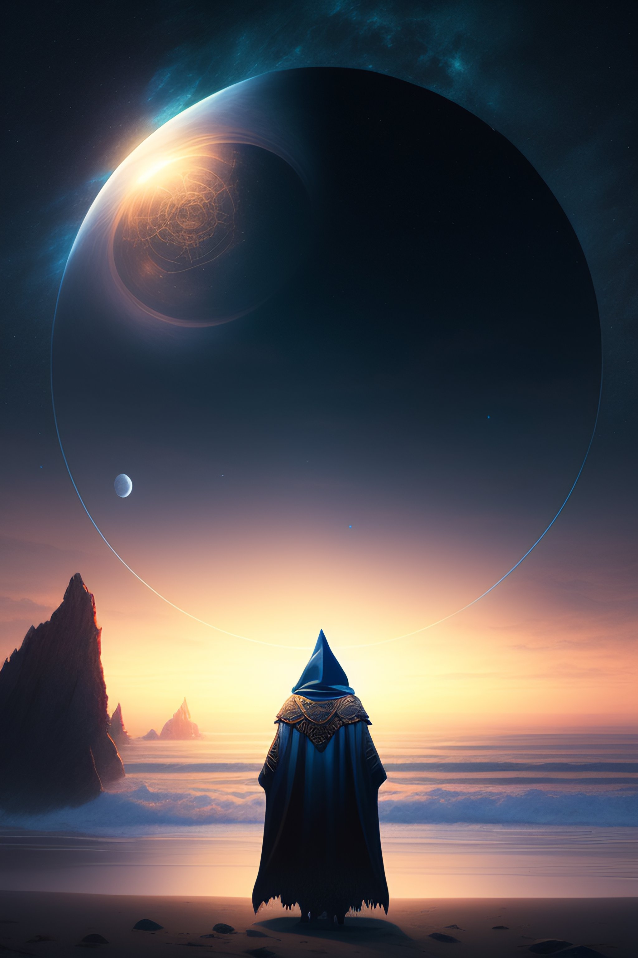 Lexica - A pointed hooded cloak wizard looking at an orrery dimensional ...