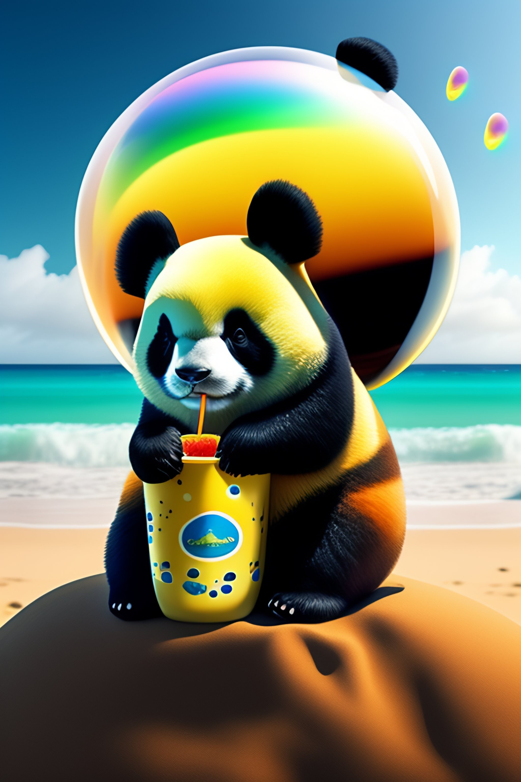 Lexica - Pikachu drinking bubble tea with a cute giant panda on a beach ...