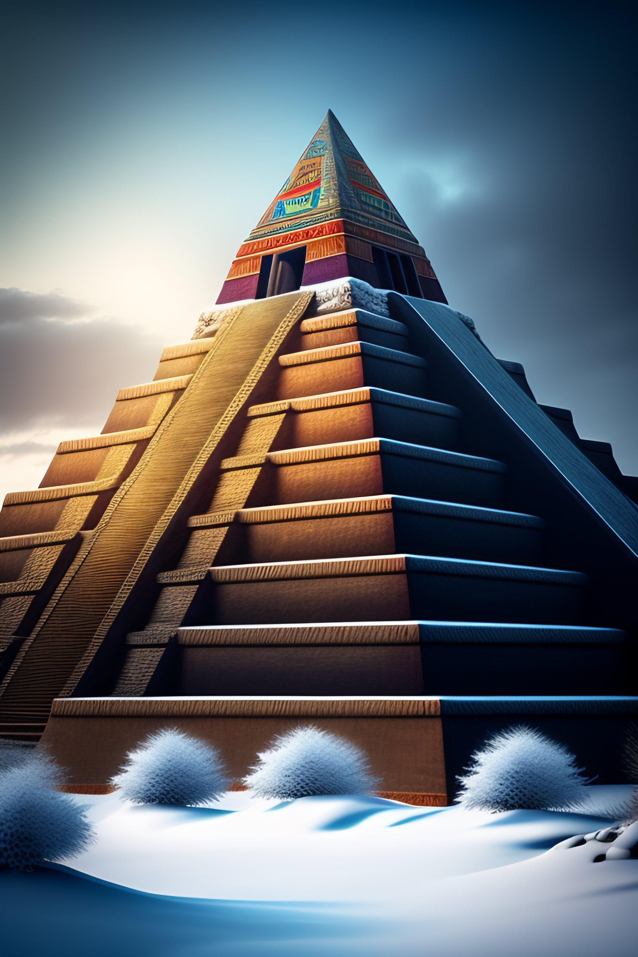 Lexica - Ancient Aztec pyramid in the snow realistic clowdy day photo