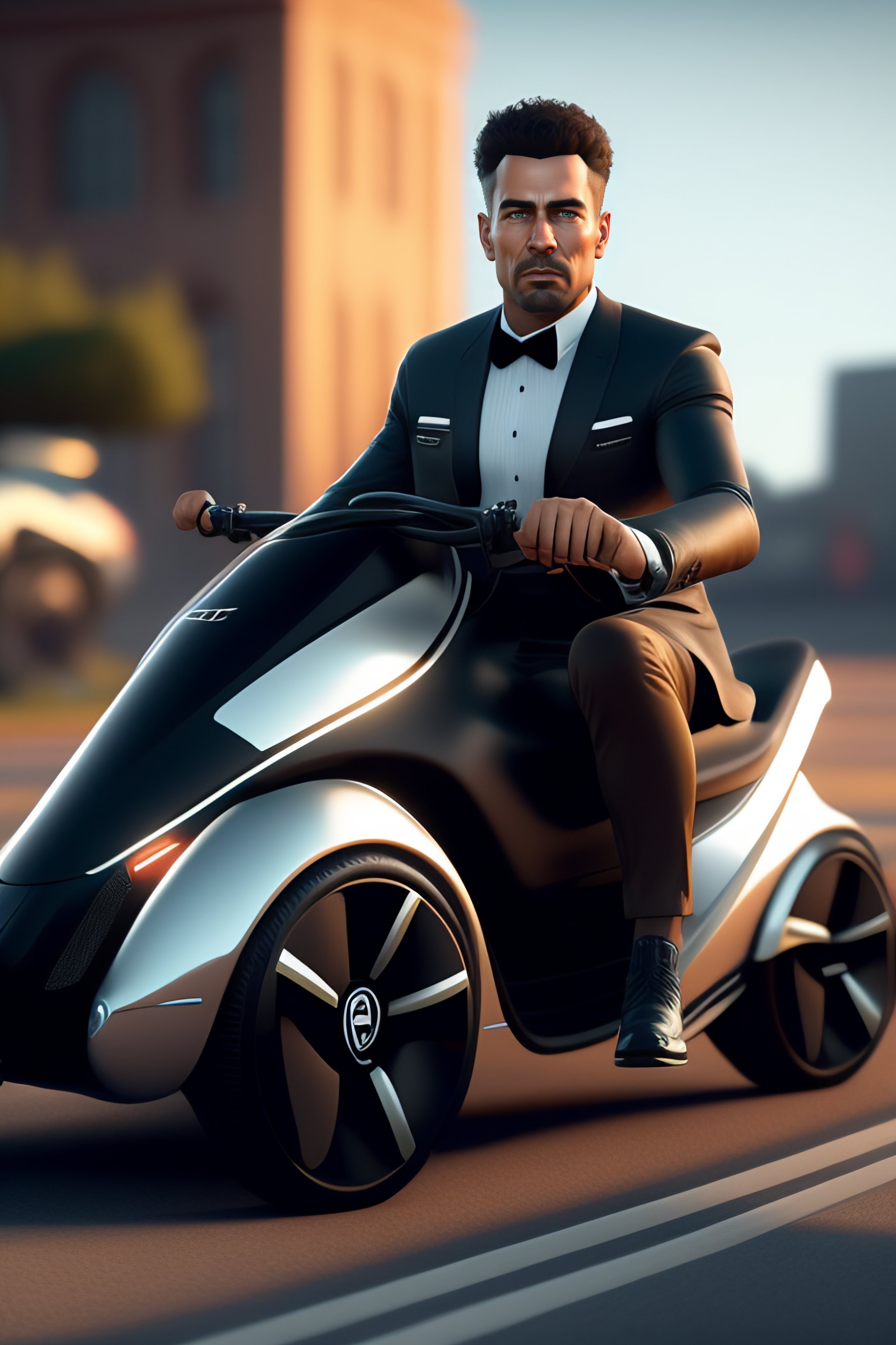 Lexica - Movie protagonist with a gun riding a Sinclair C5: the ...