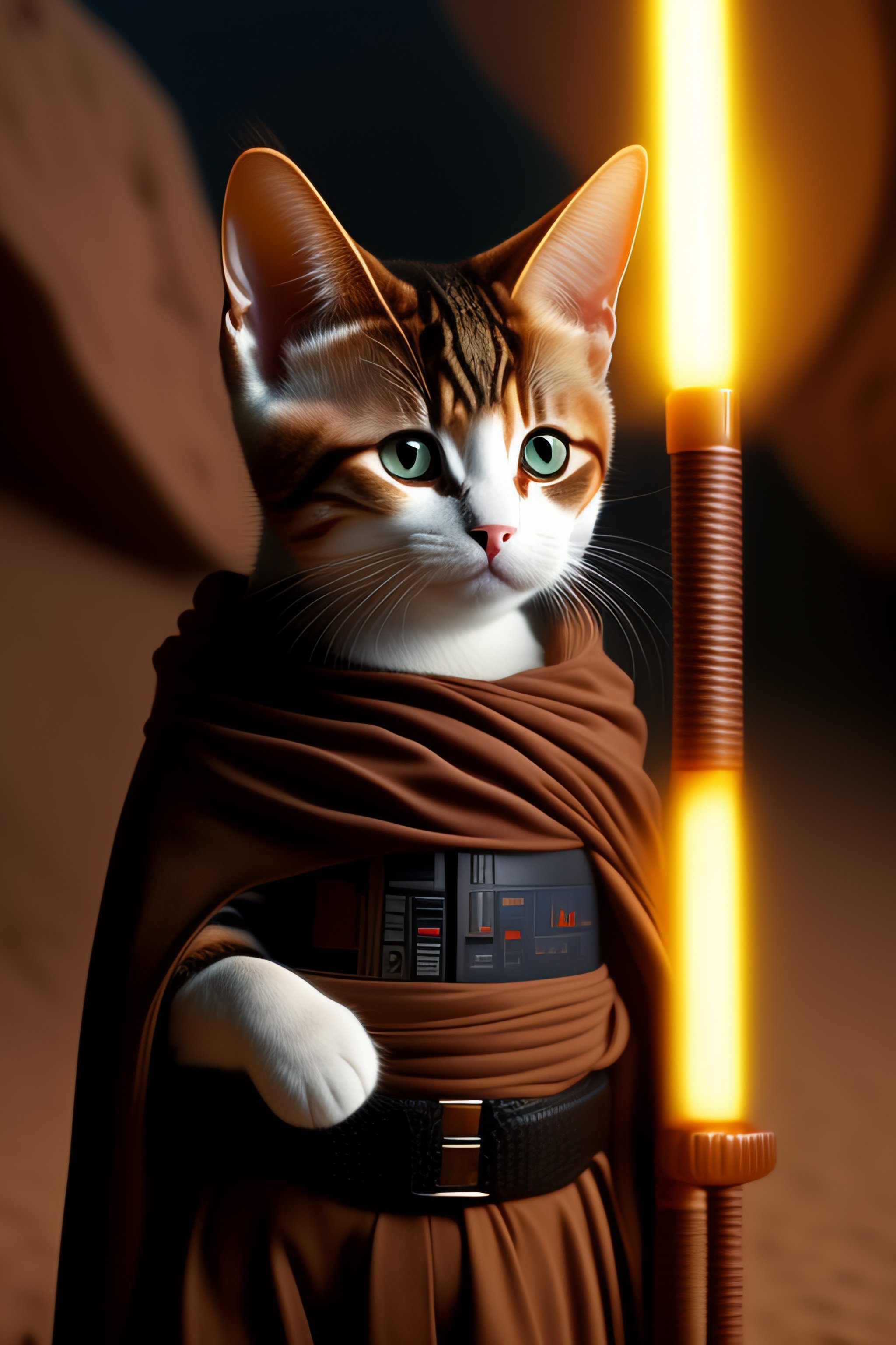 Lexica - Cute cat dressed as jedi, wearling dark brown lobe, on Tatooine, episode 4, with ...