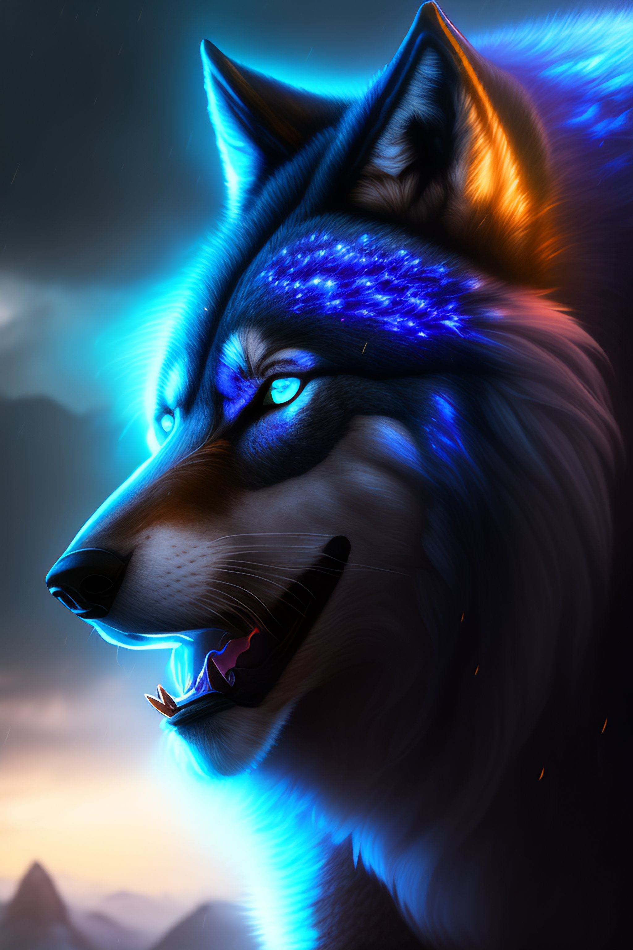 Lexica - Werewolf with lighting storm, bioluminescent glowing blue eyes ...