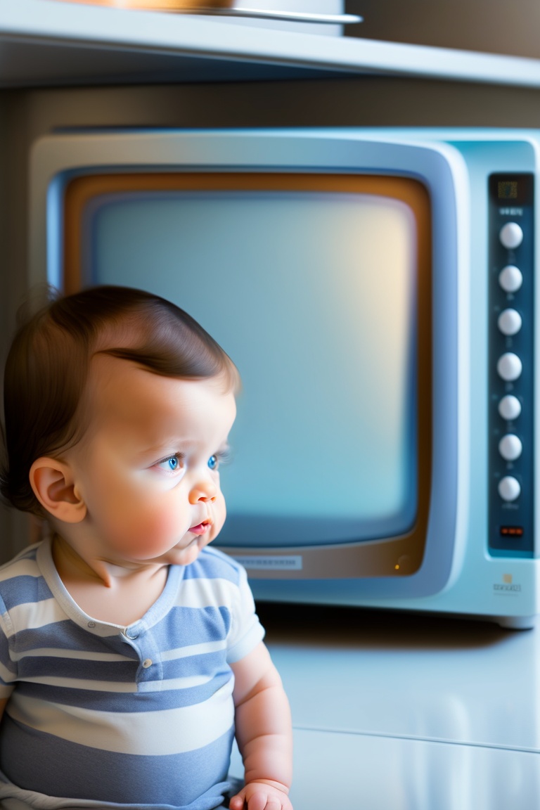 Lexica - Baby boy in front of a microwave, looking at the camera