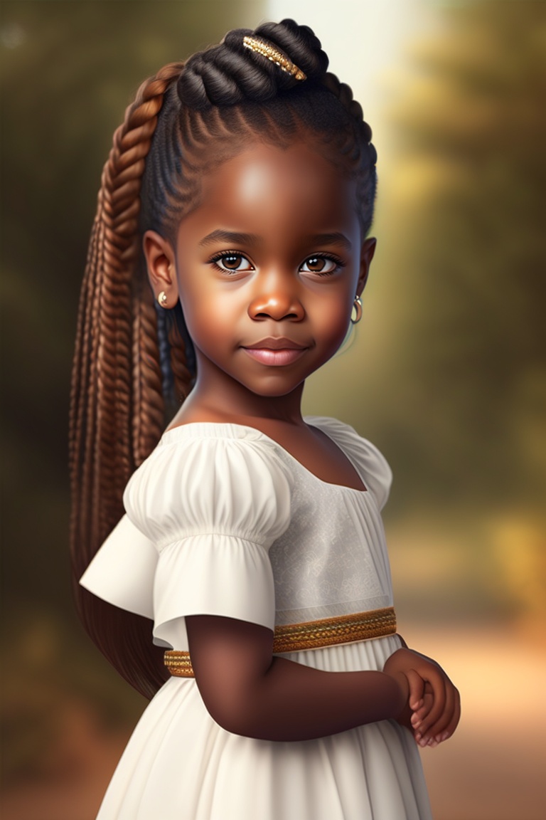 Lexica - Young ,dark skin, child, [[[white dress]]], braids, white eyes