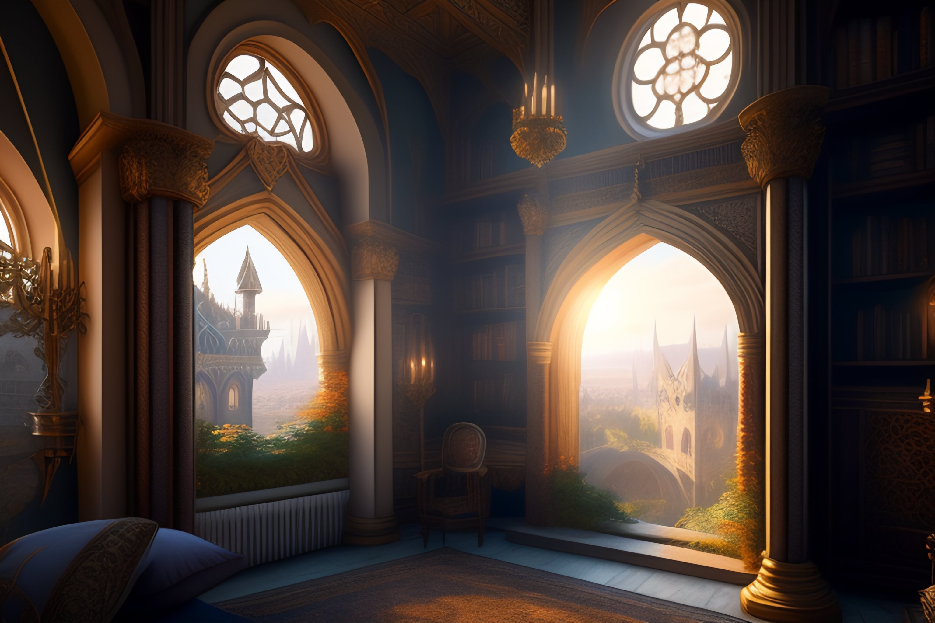 Lexica - Grand interior medieval, fantasy elven bedroom looking out ...
