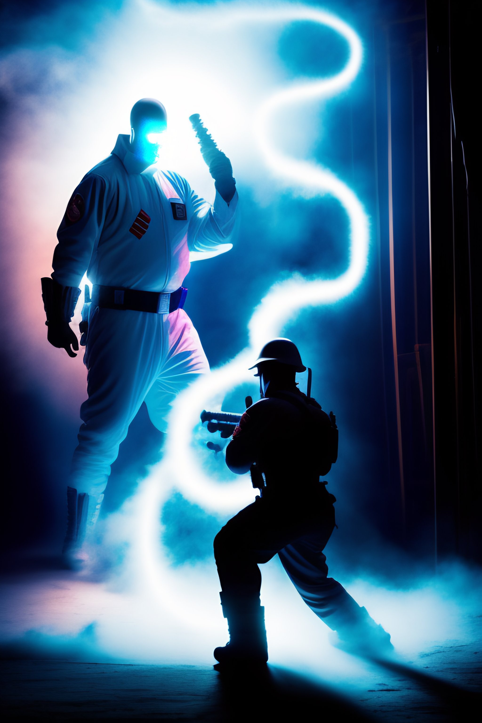 Lexica - Diagram of a ghost fighting a man wearing a ghostbusters outfit