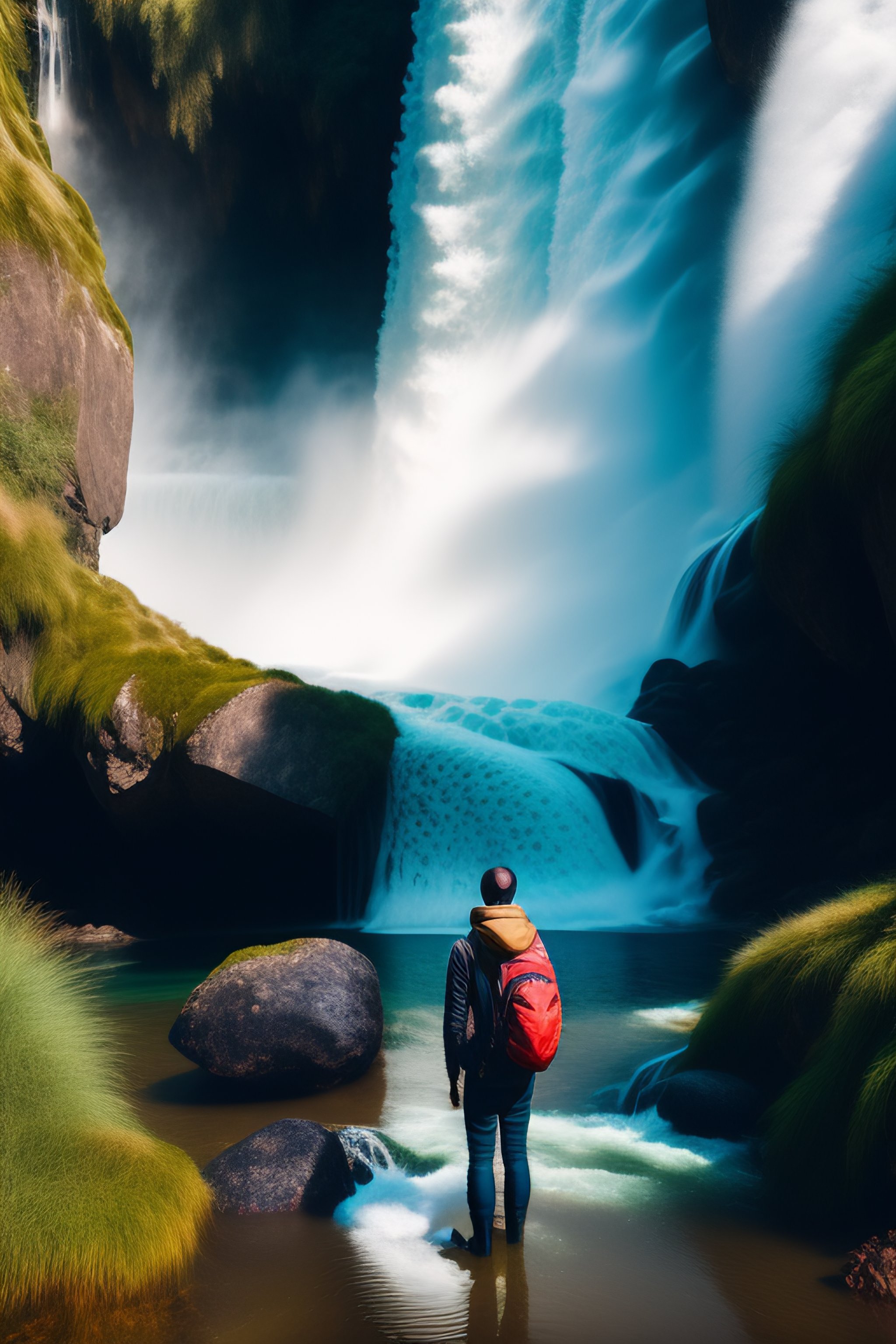 Lexica - Person standing still in a waterfall taking a picture
