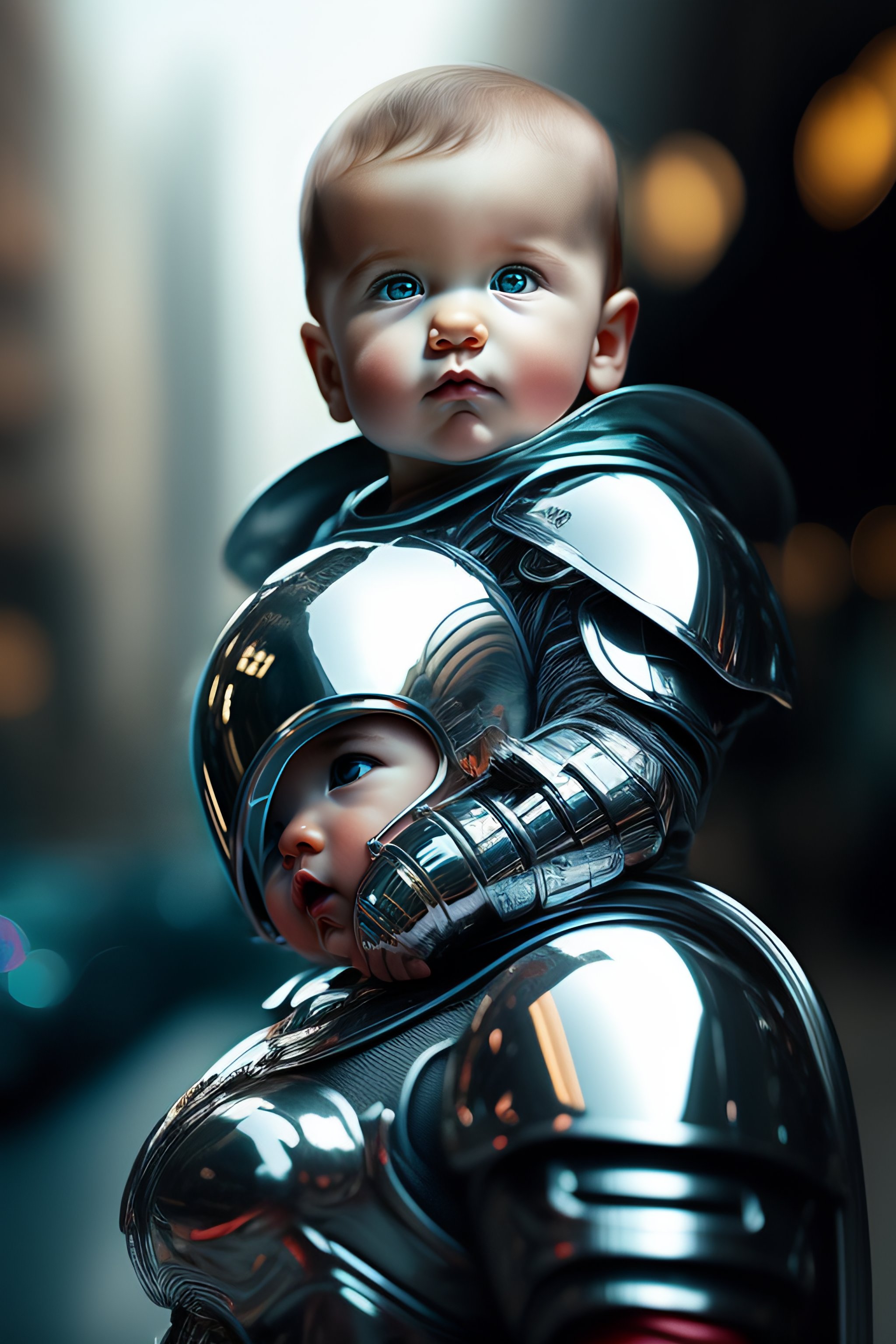 Lexica - A chrome cyborg holding a baby, by Bellinski