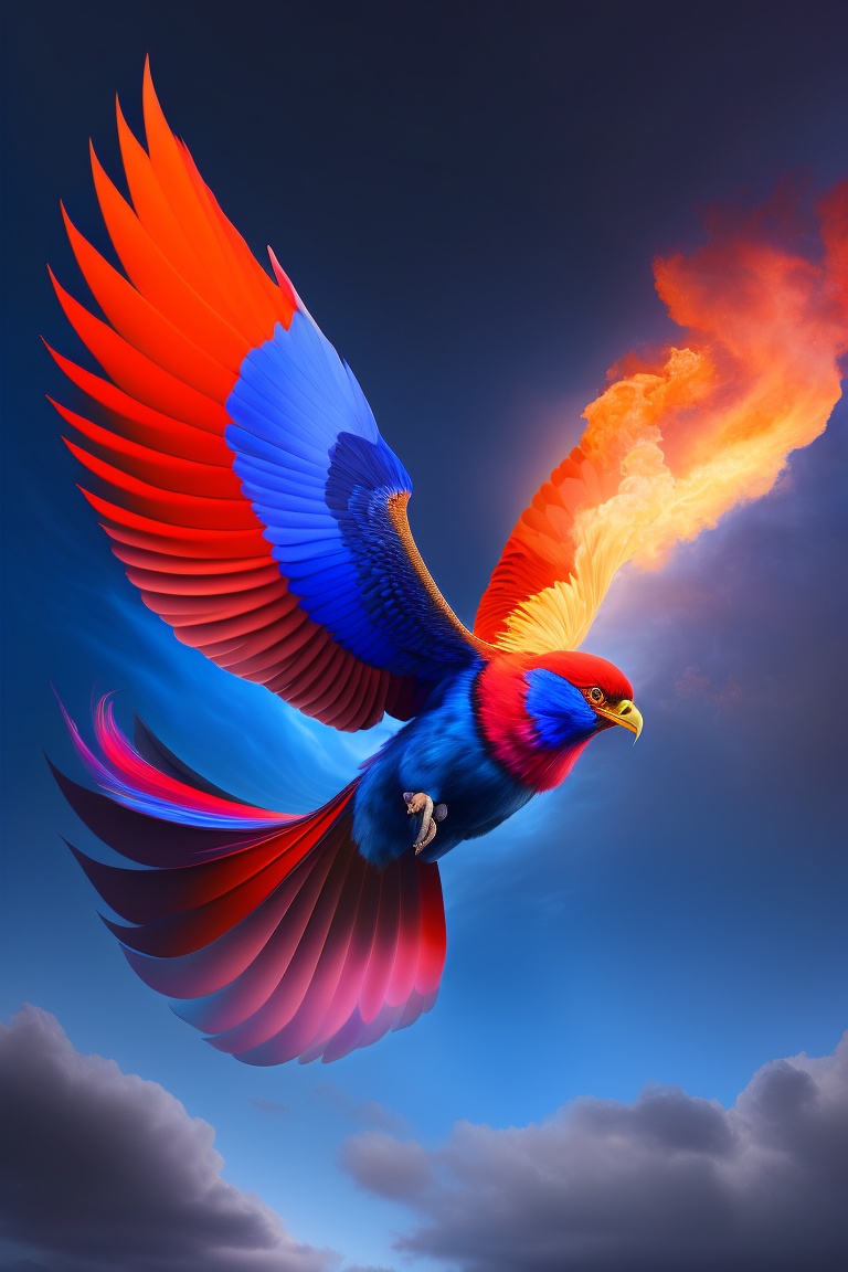 Lexica - A majestic blue and red phoenix flying though the sky with ...