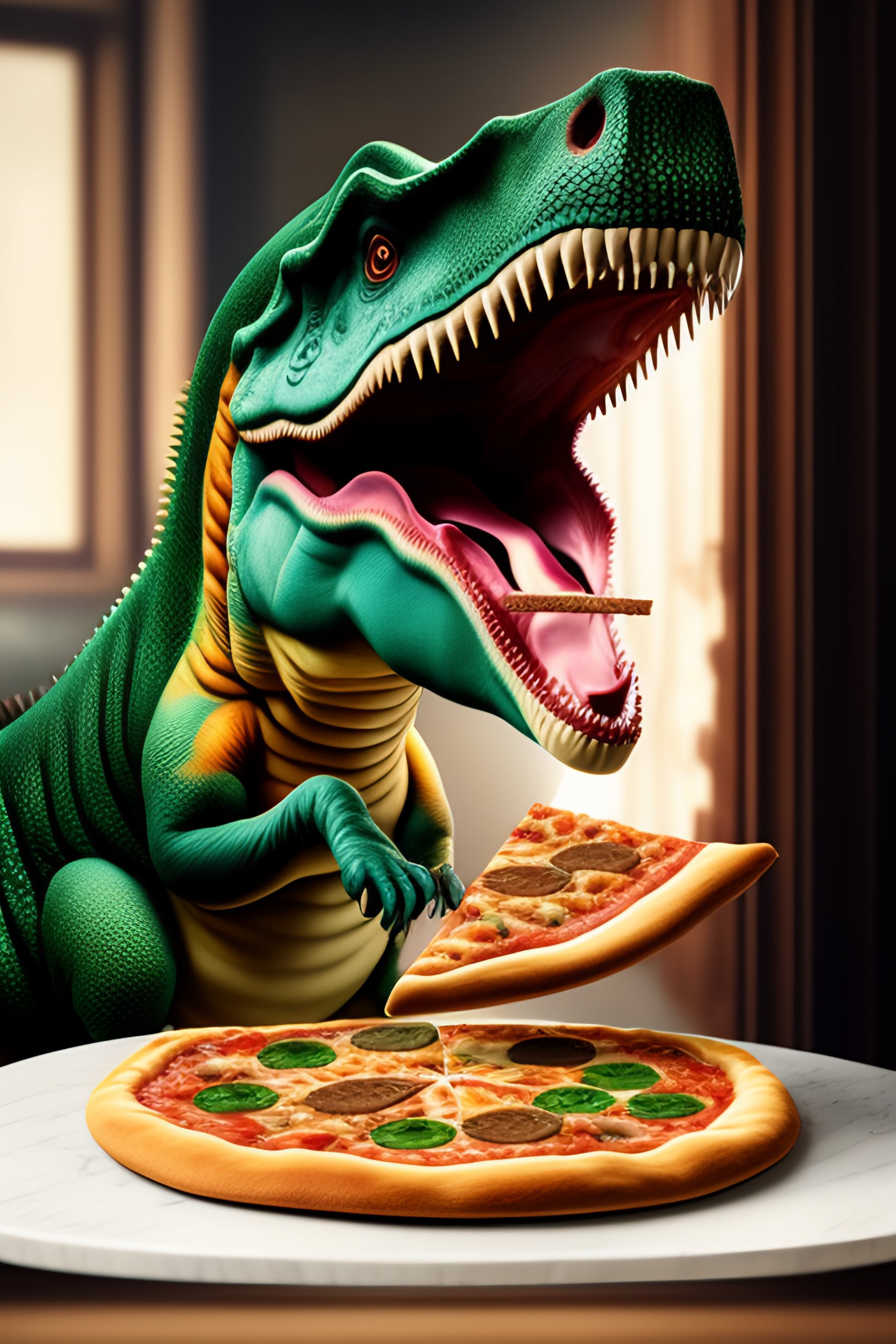Lexica - Dinosaur eating pizza