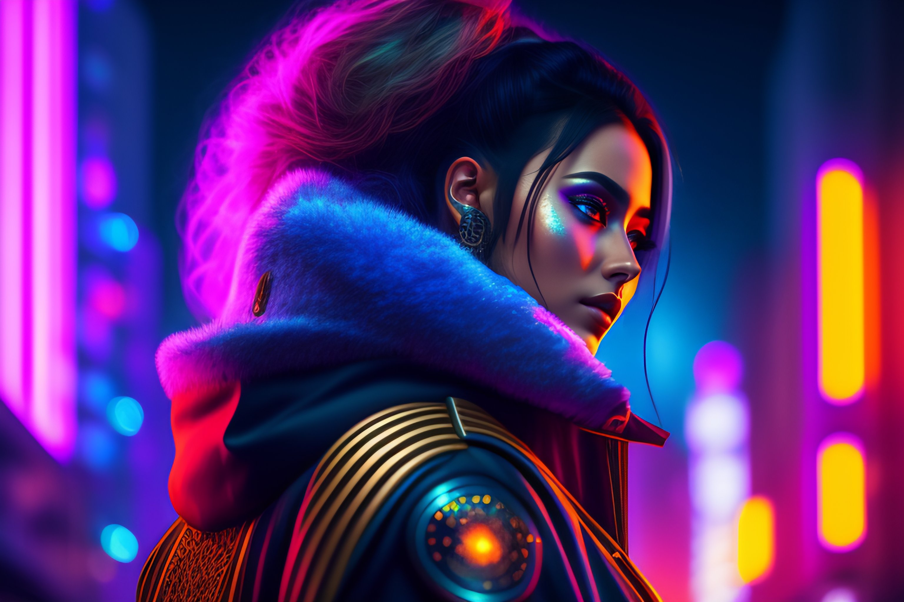 Lexica - Beautiful sci-fi girl from future wearing furry coat pink blue ...