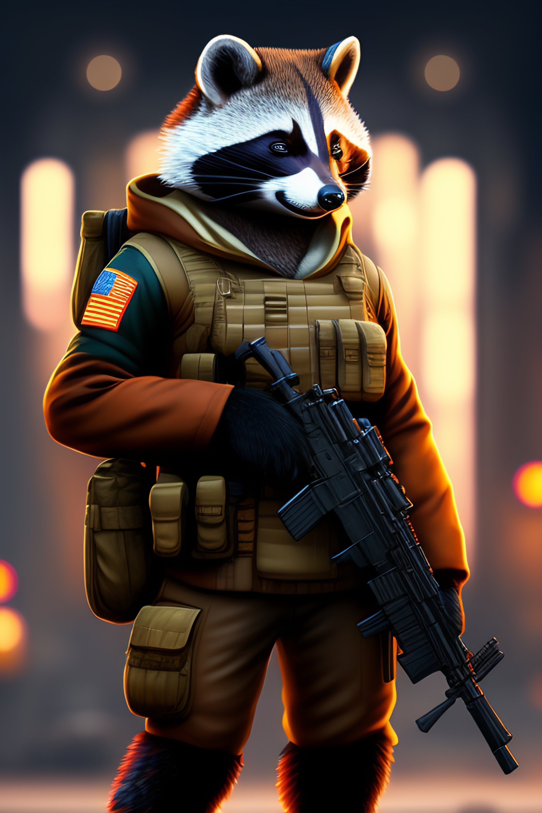 Lexica - Anthro furry humanoid racoon, military uniform, holding a ...