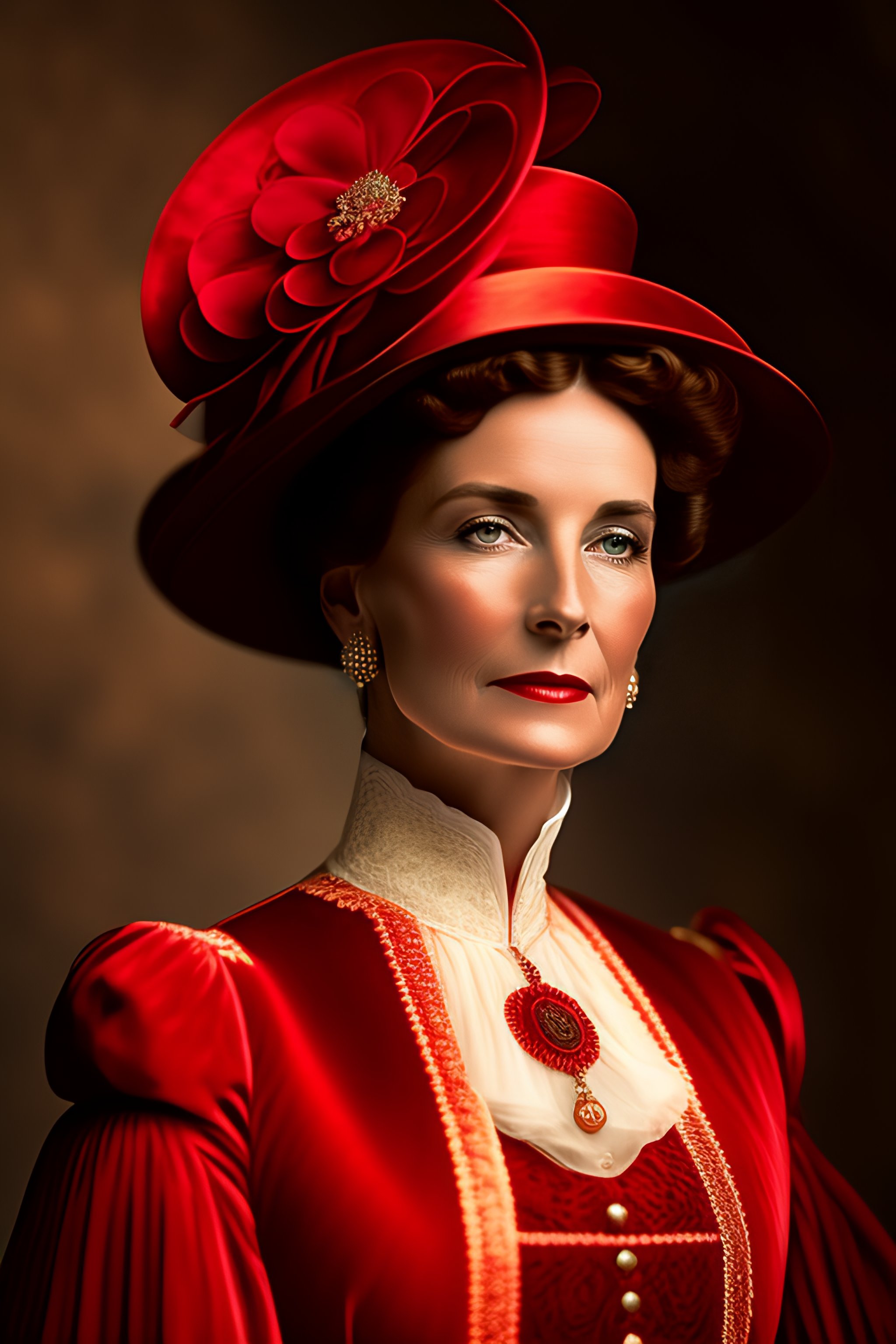 Lexica - An middle aged Edwardian woman wearing a crimson red ensemble ...