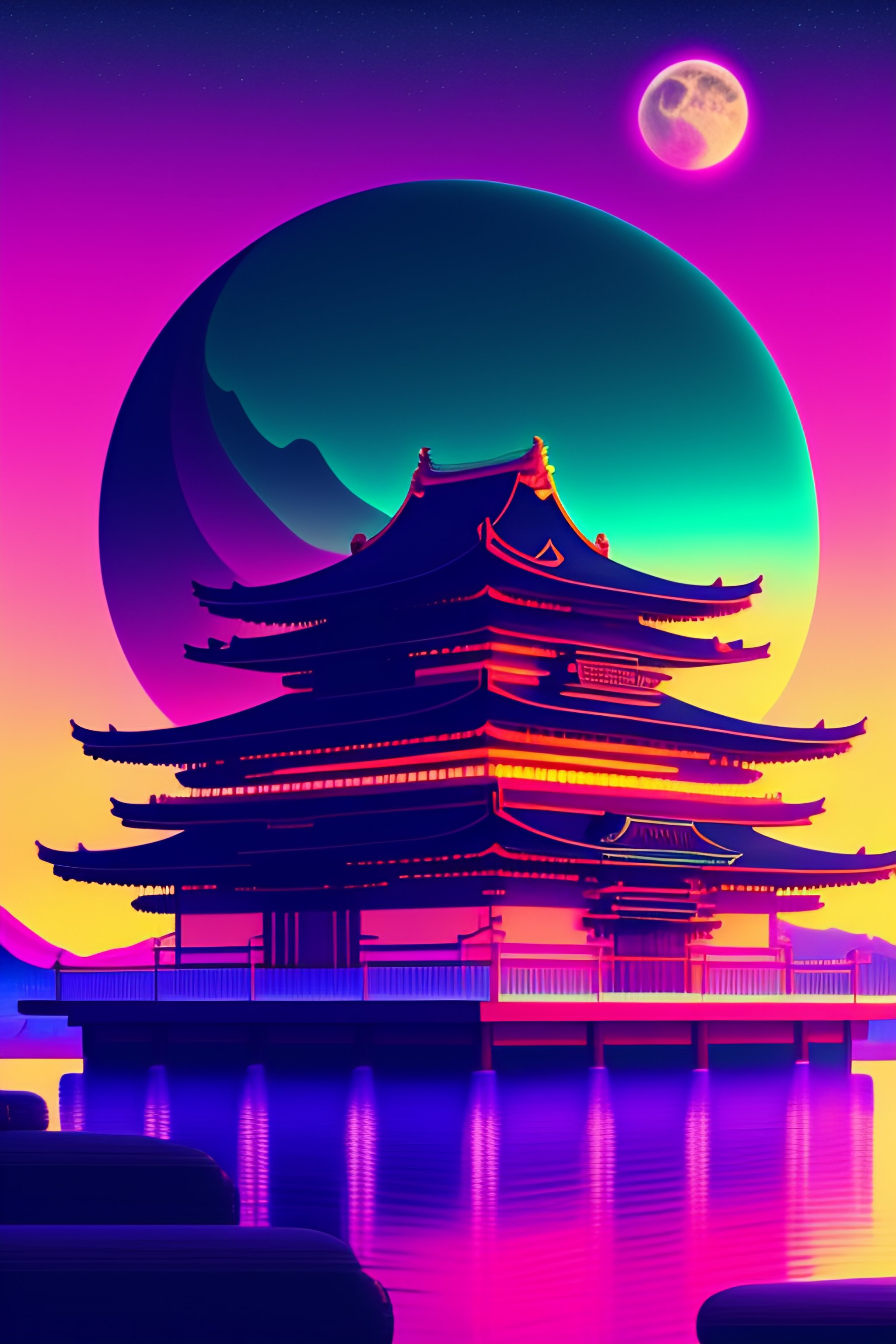 Lexica - Synthwave japanese town with moon background, sharp focus,