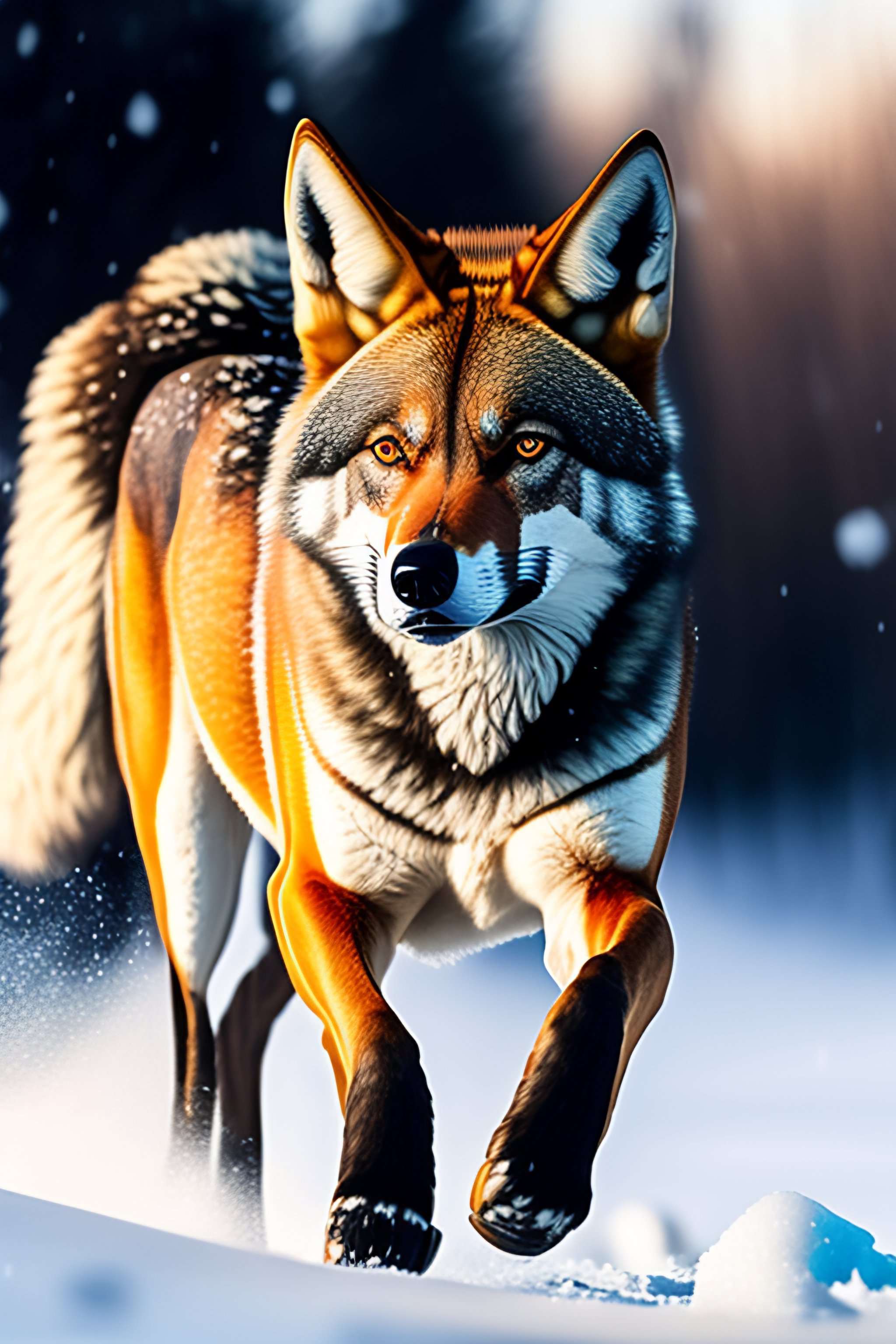 Lexica - A red wolf running on the snow with flowers on his neck