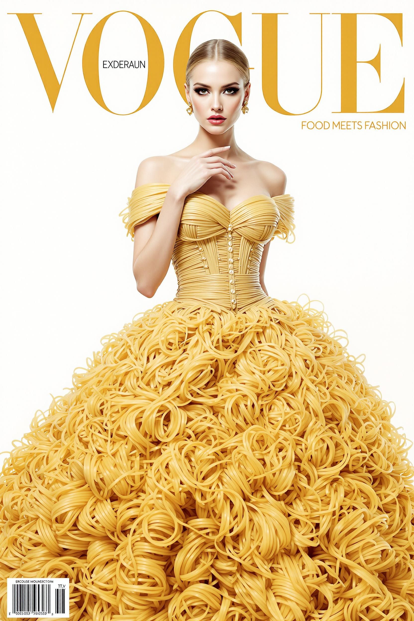 Lexica - Vogue cover shot of a woman wearing an elgant dress made of Spaghett