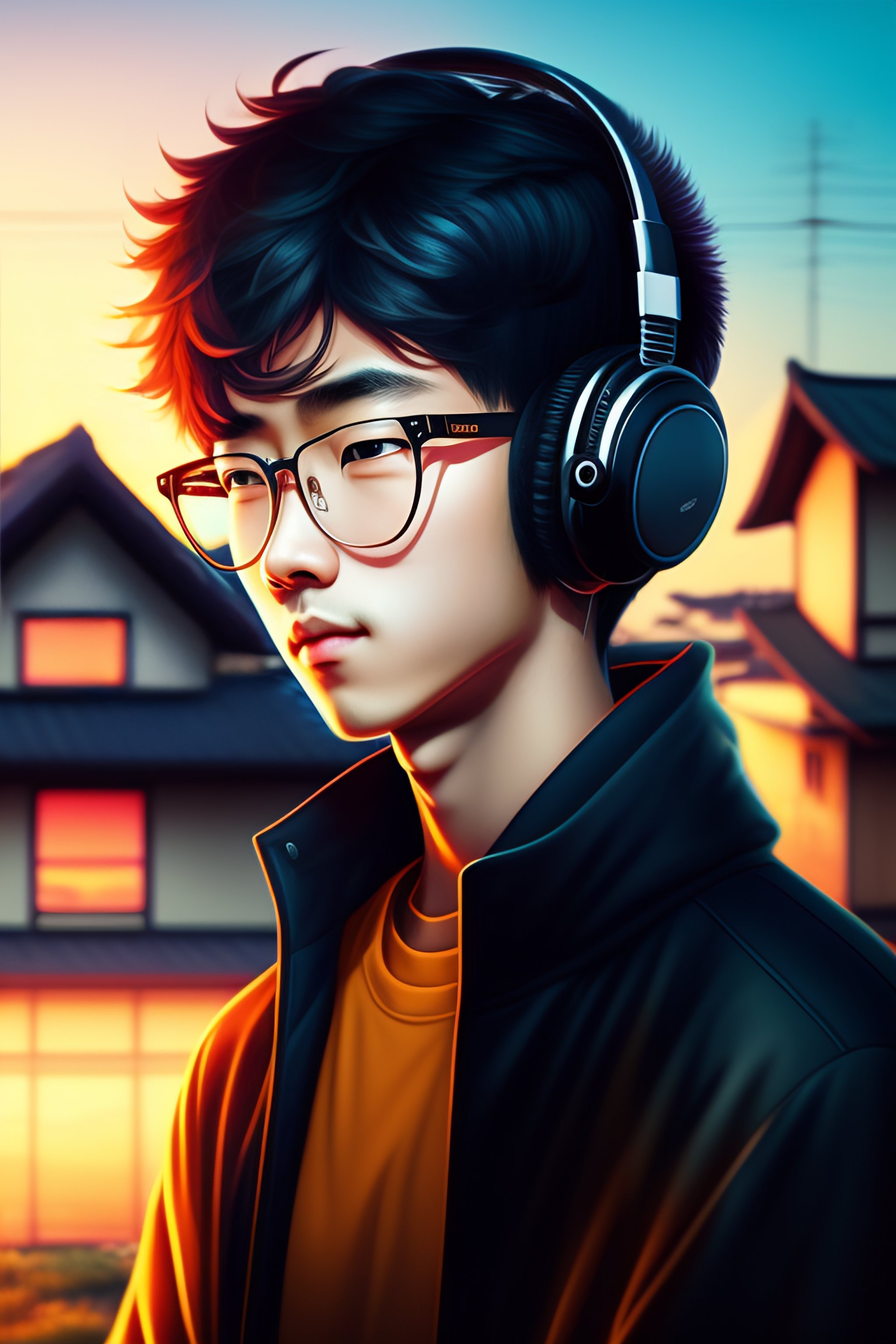 Lexica - Skinny Anime boy, glasses, listening to music with headphone ...