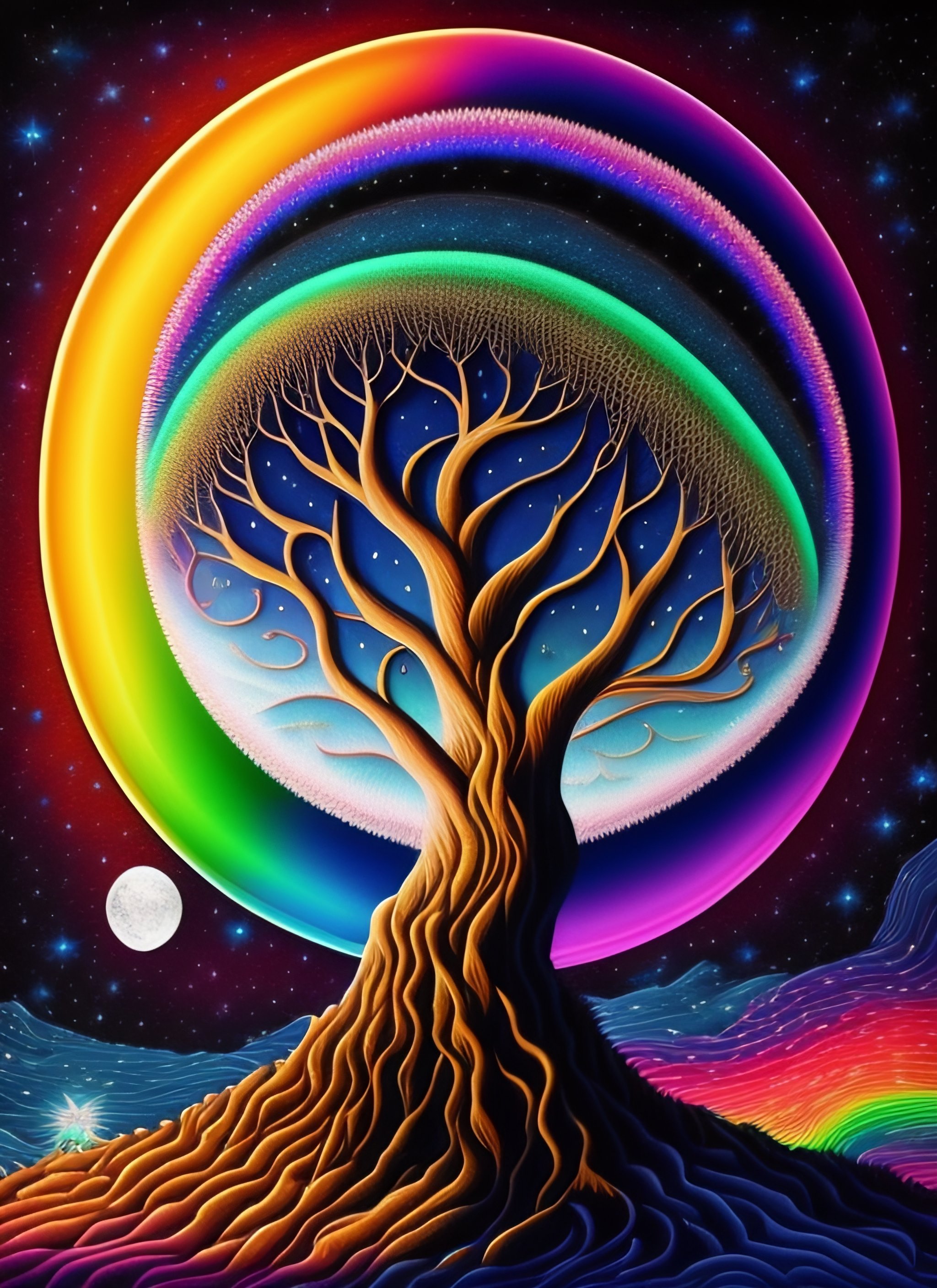 Lexica - Pen drawing of a tree on the moon, outer space, rainbow colors ...