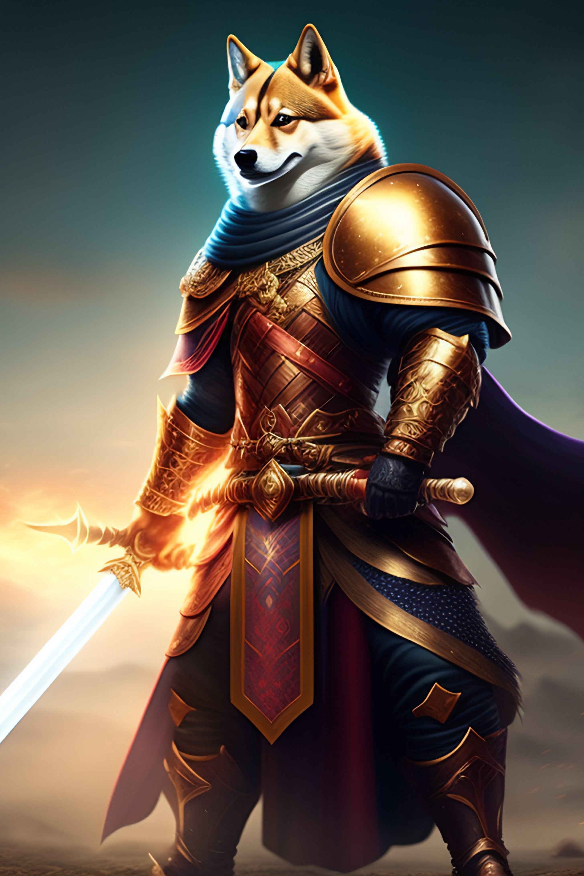 Lexica - A Doge Warrior holding a magic sword.