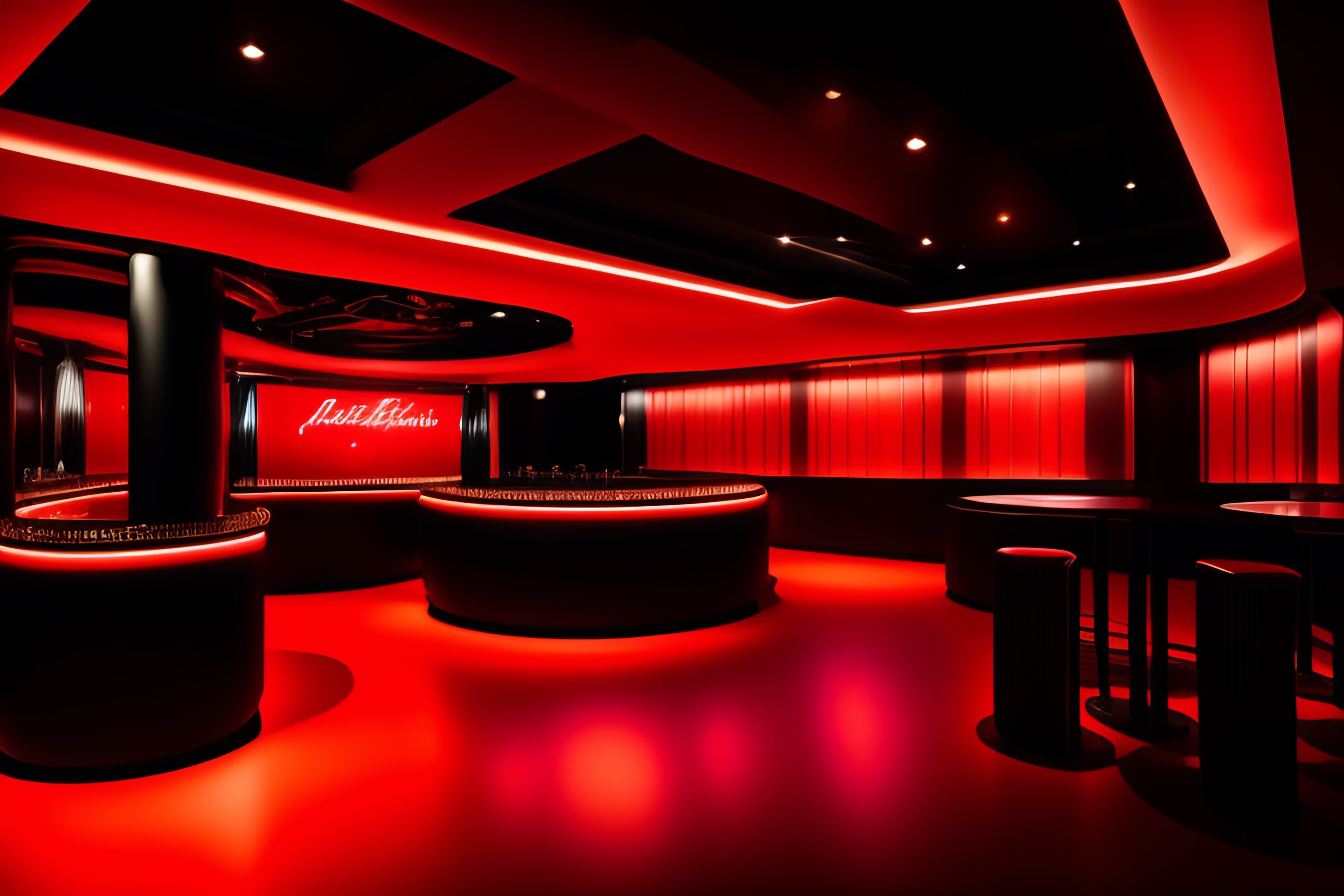 Lexica - Black and red nightclub interior, square