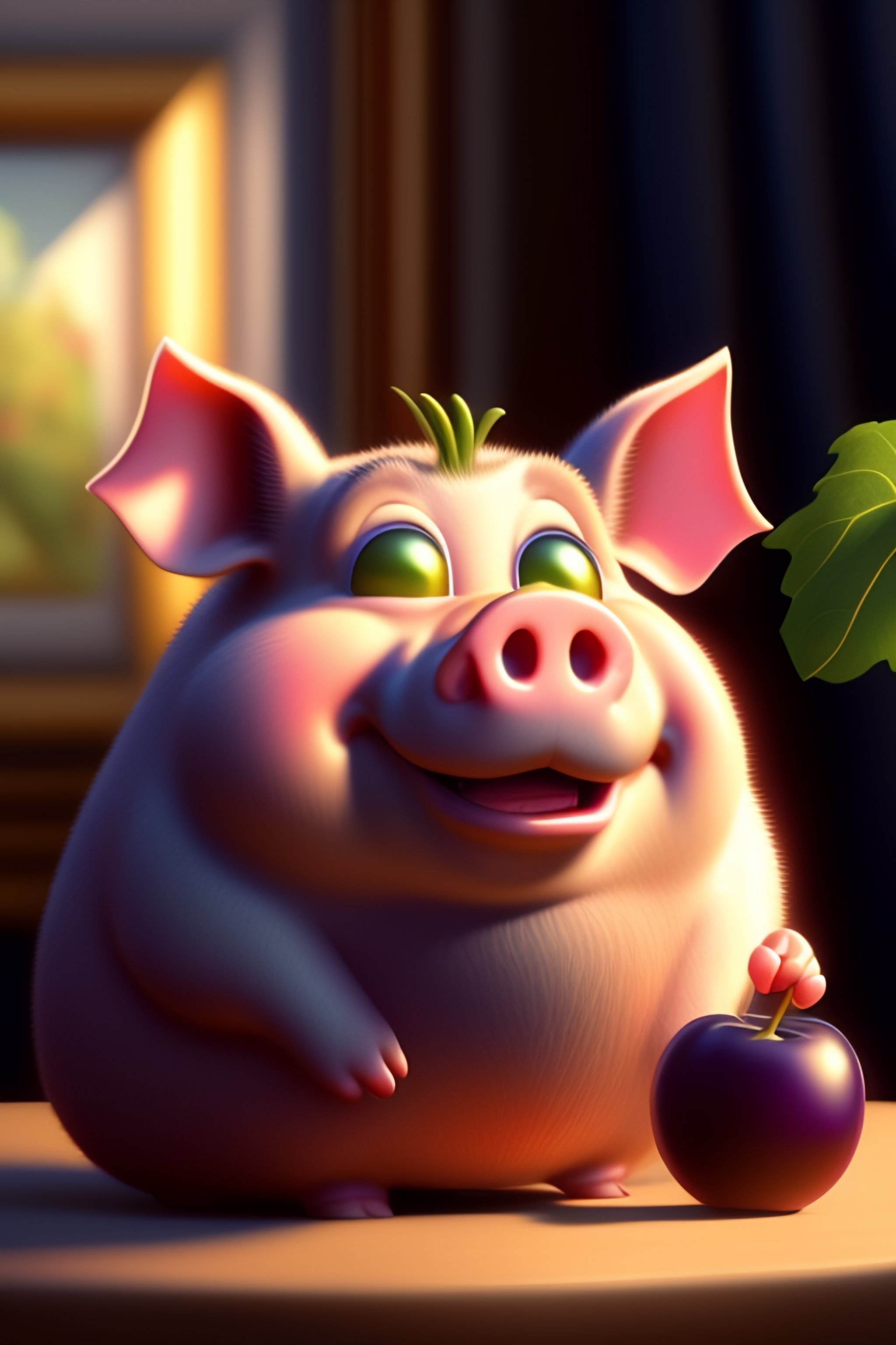 Lexica - Pixar art of a funny smiling pig eating some grapes sitting ...