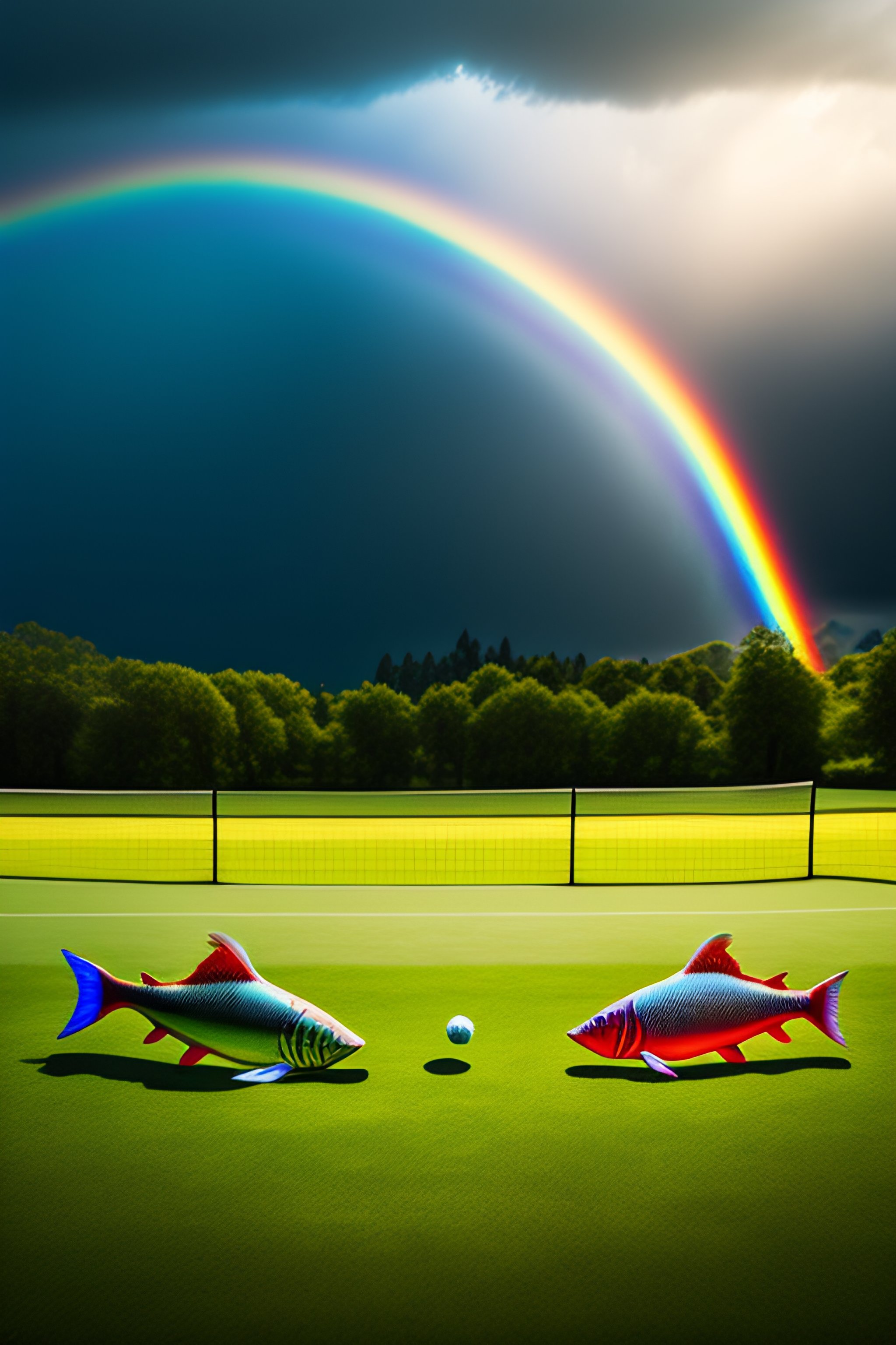 Lexica - Two fish playing tennis on grass under a rainbow