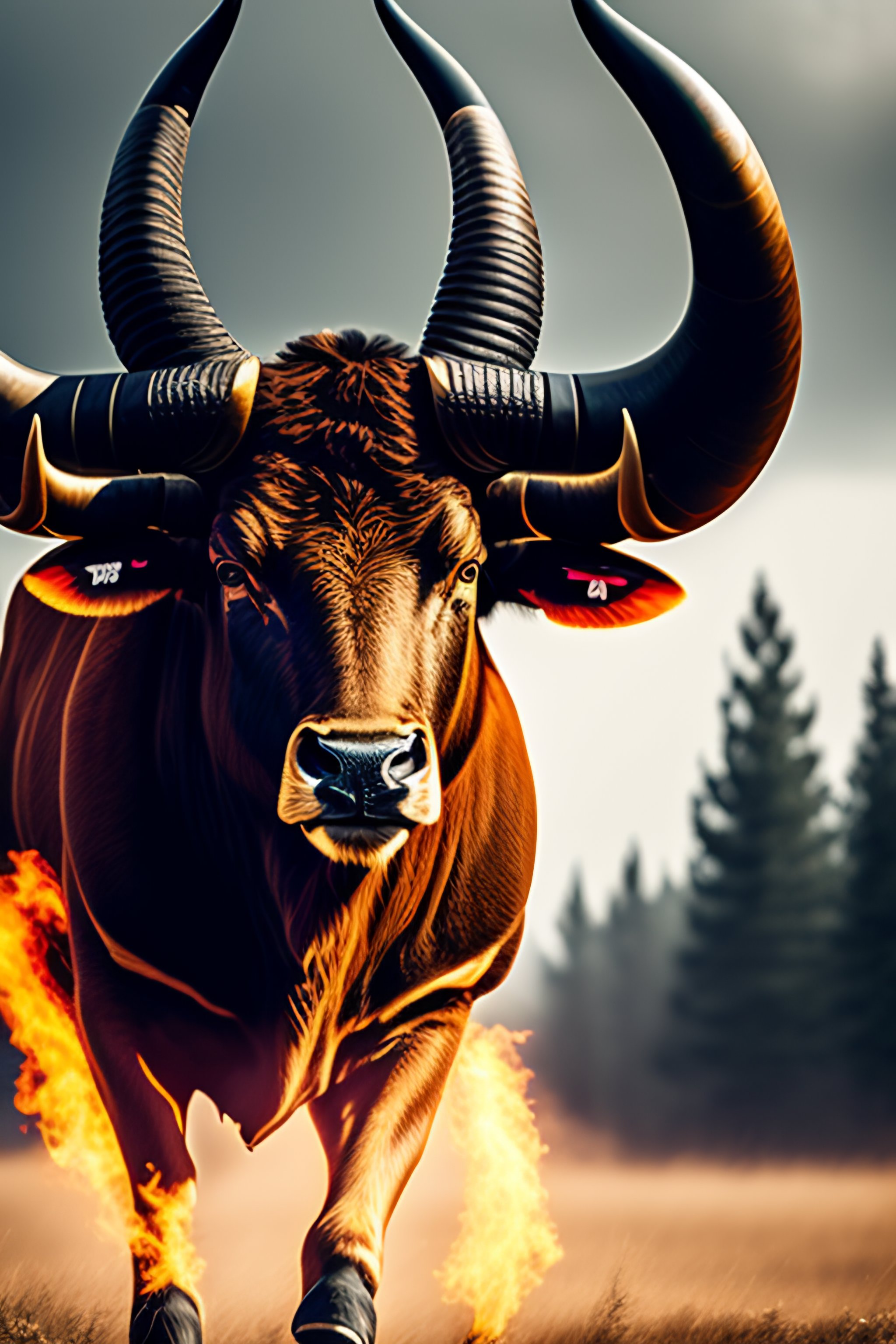 Lexica - Devil with bull big horns in armor fire in forest