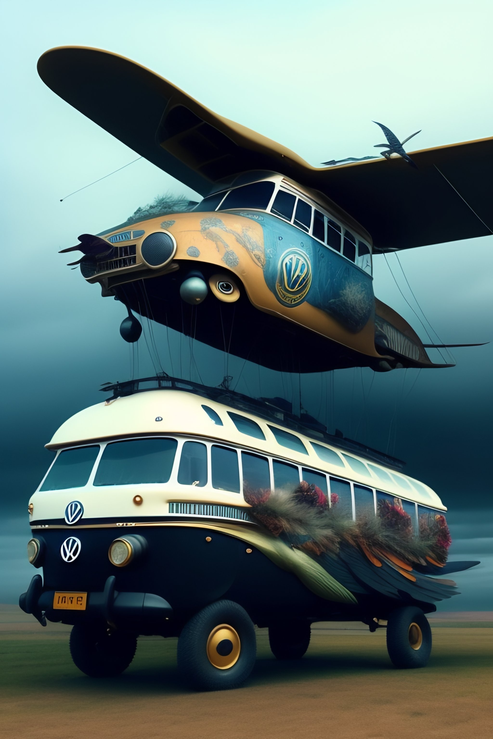 Lexica - Vw type 2 bus flying flapping wings over the sky ...