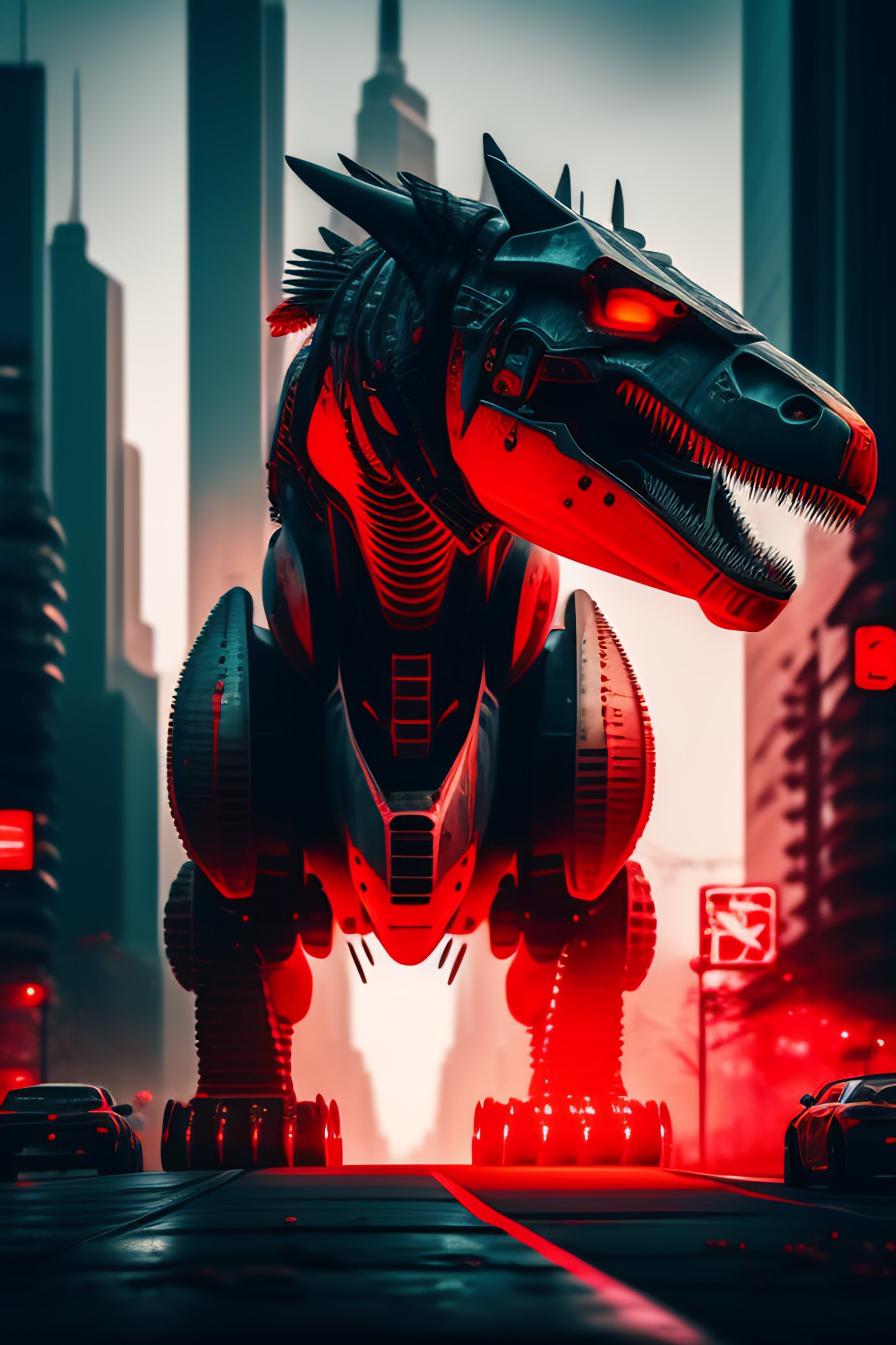 Lexica - Cyberpunk, city destroyed, Mecha t Rex, with red neon ...