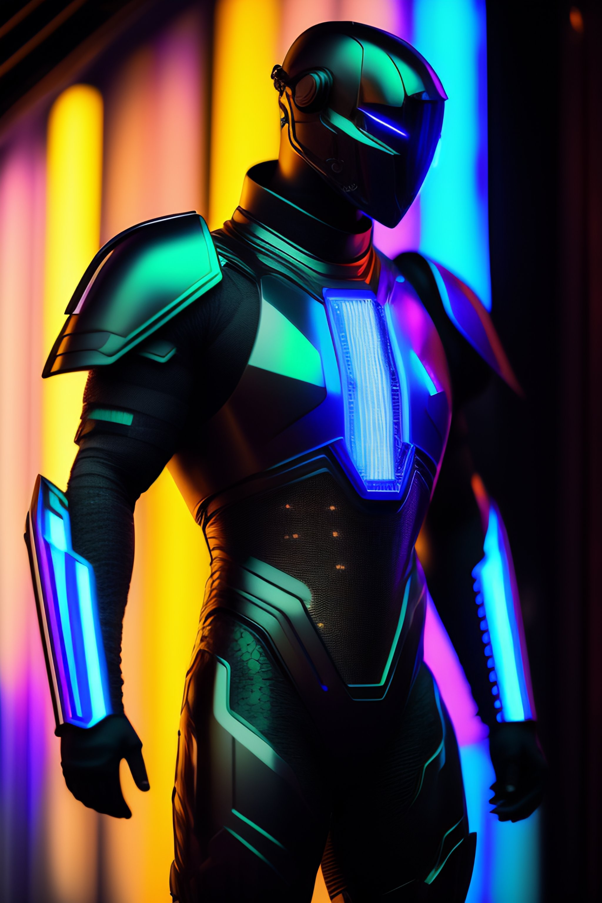 Lexica - A photograph of a cyberpunk armour made of black titanium and ...