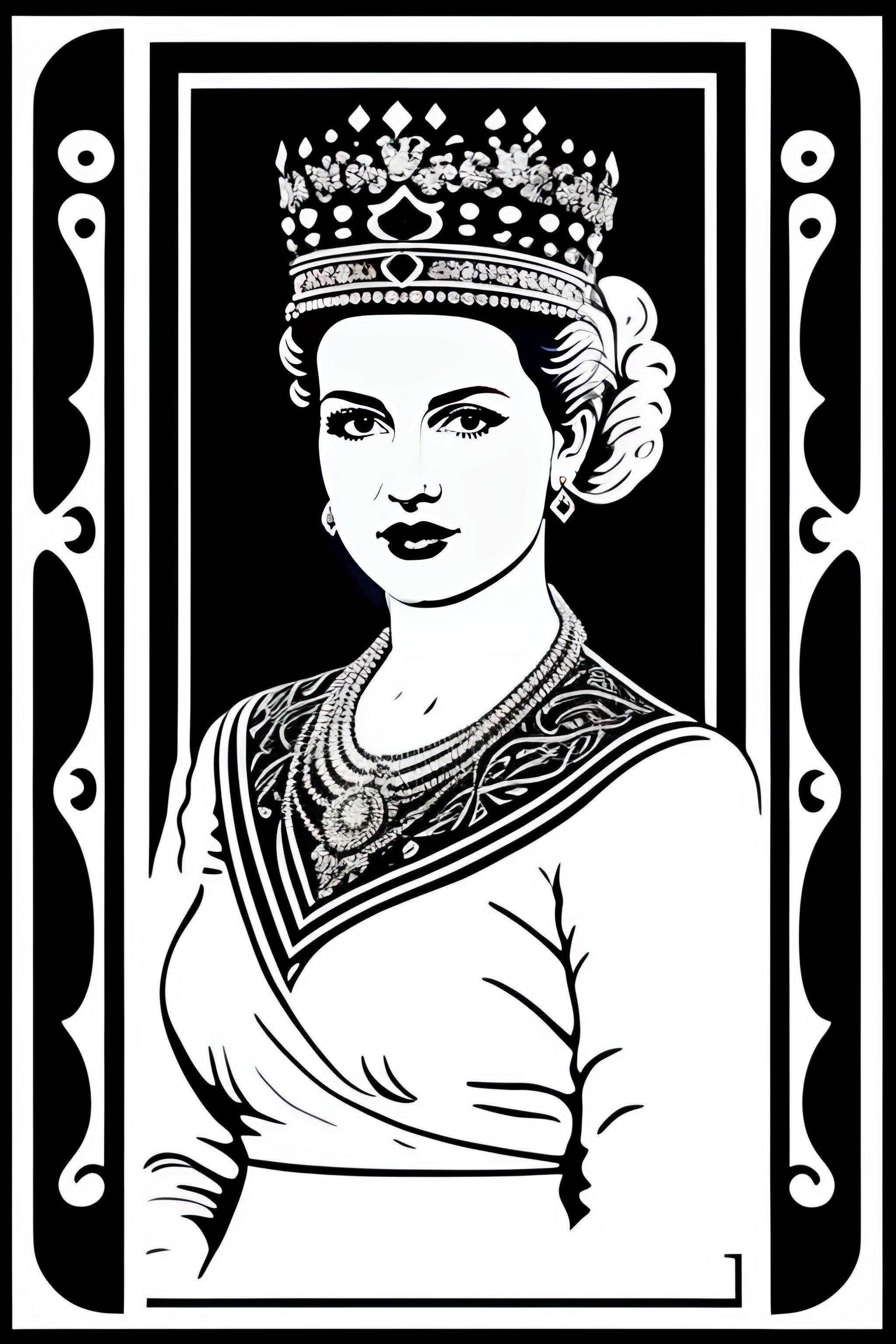 Lexica - Outline, queen card, white background, black and white
